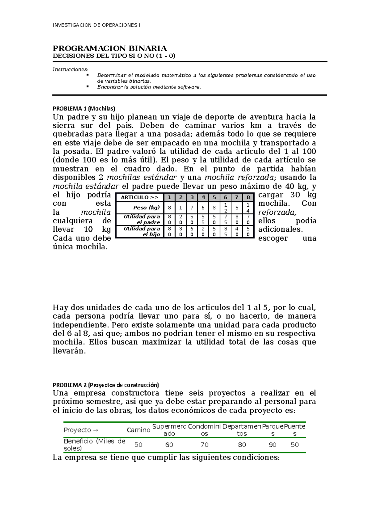 06C - Programación Binaria: Modelos y Problemas de Decisión - Studocu