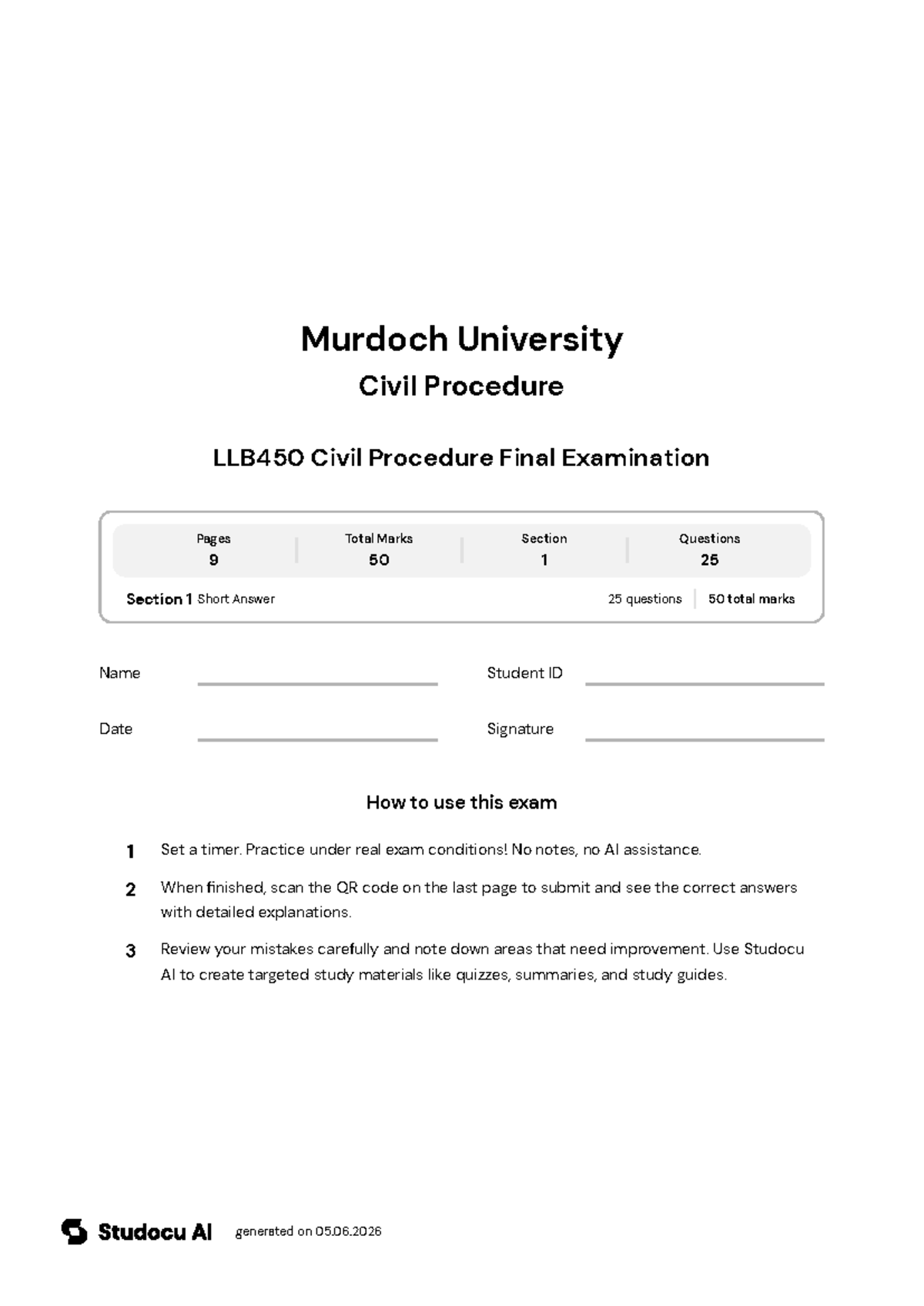 LLB450 Civil Procedure Final Exam - Studocu