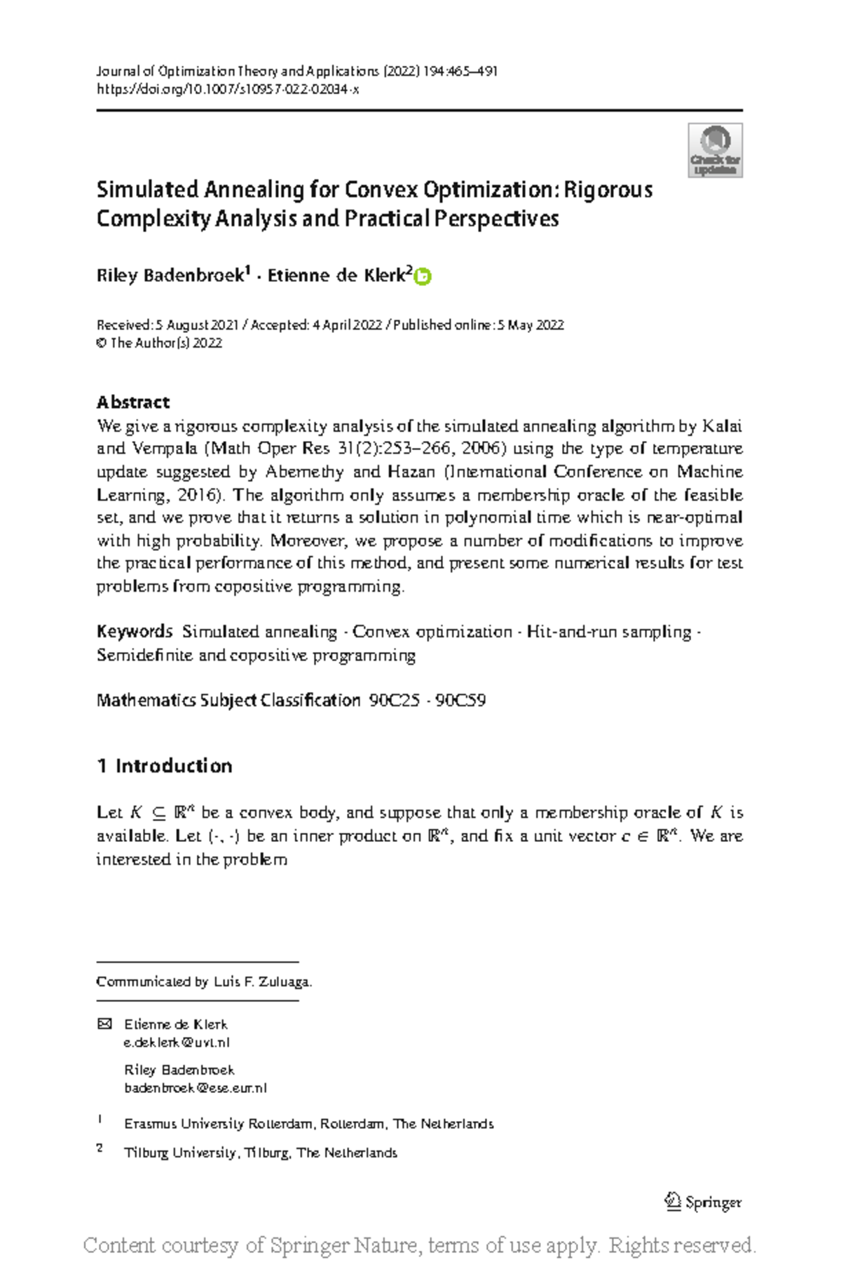 Simulated Annealing for Convex Optimization: Complexity & Practical ...