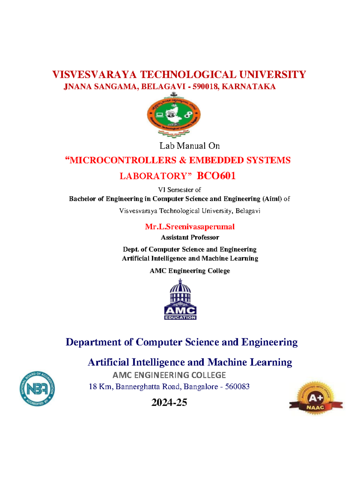 Lab Manual for Embedded Systems (BCO601) - VI Sem CSE (AIML) - Studocu