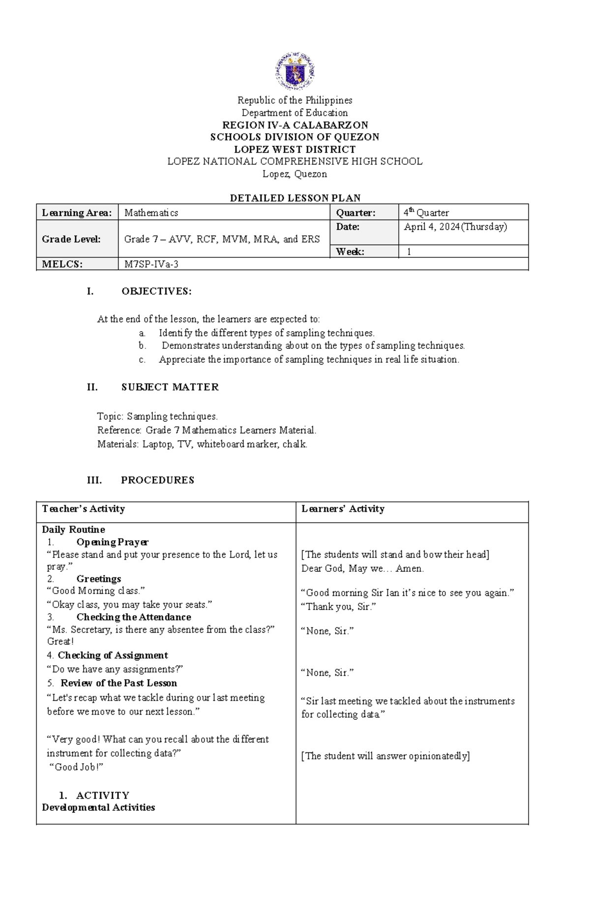 Grade 7 Math Detailed Lesson Plan: Sampling Techniques (4th Quarter) - Studocu