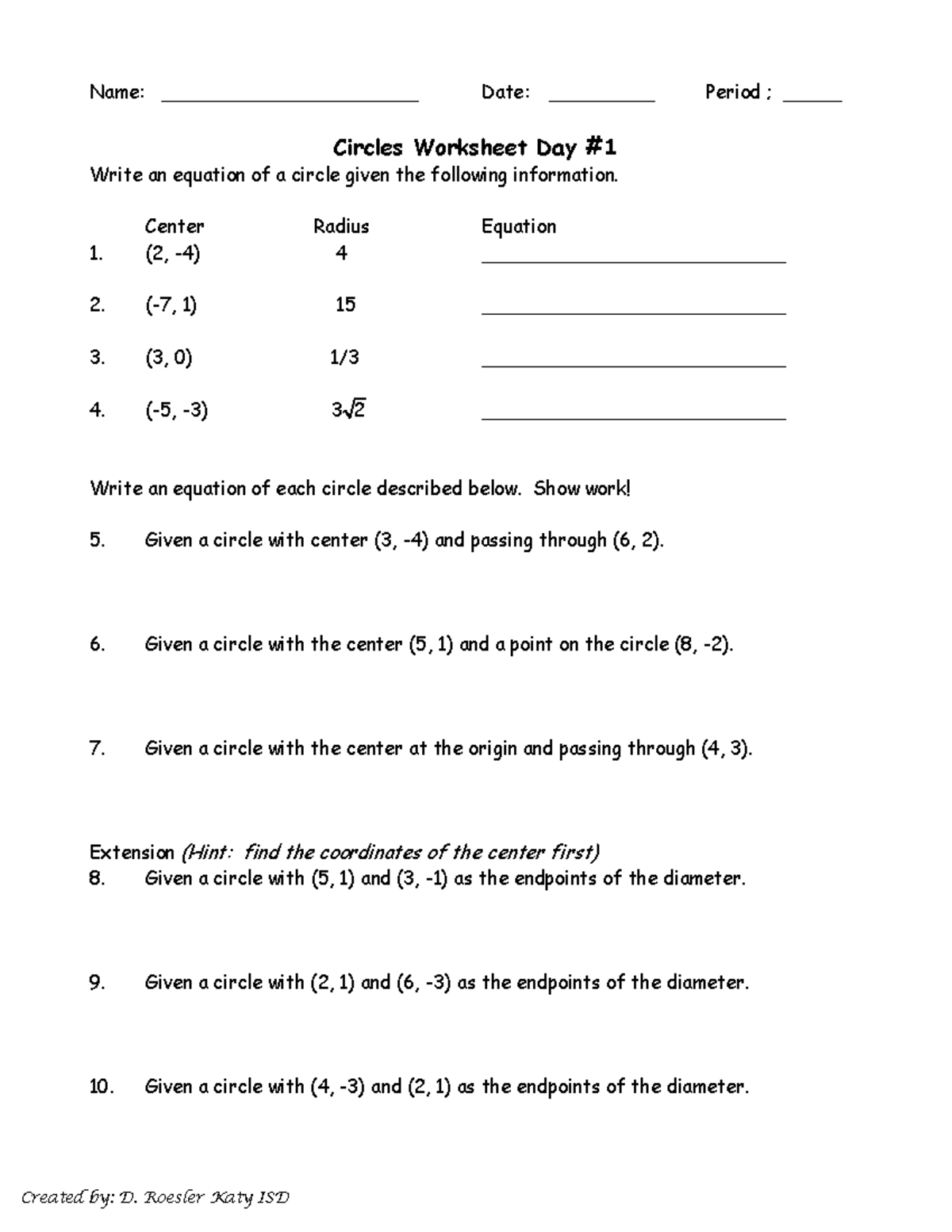 Circles Worksheet Day #1 & #2 - Studocu