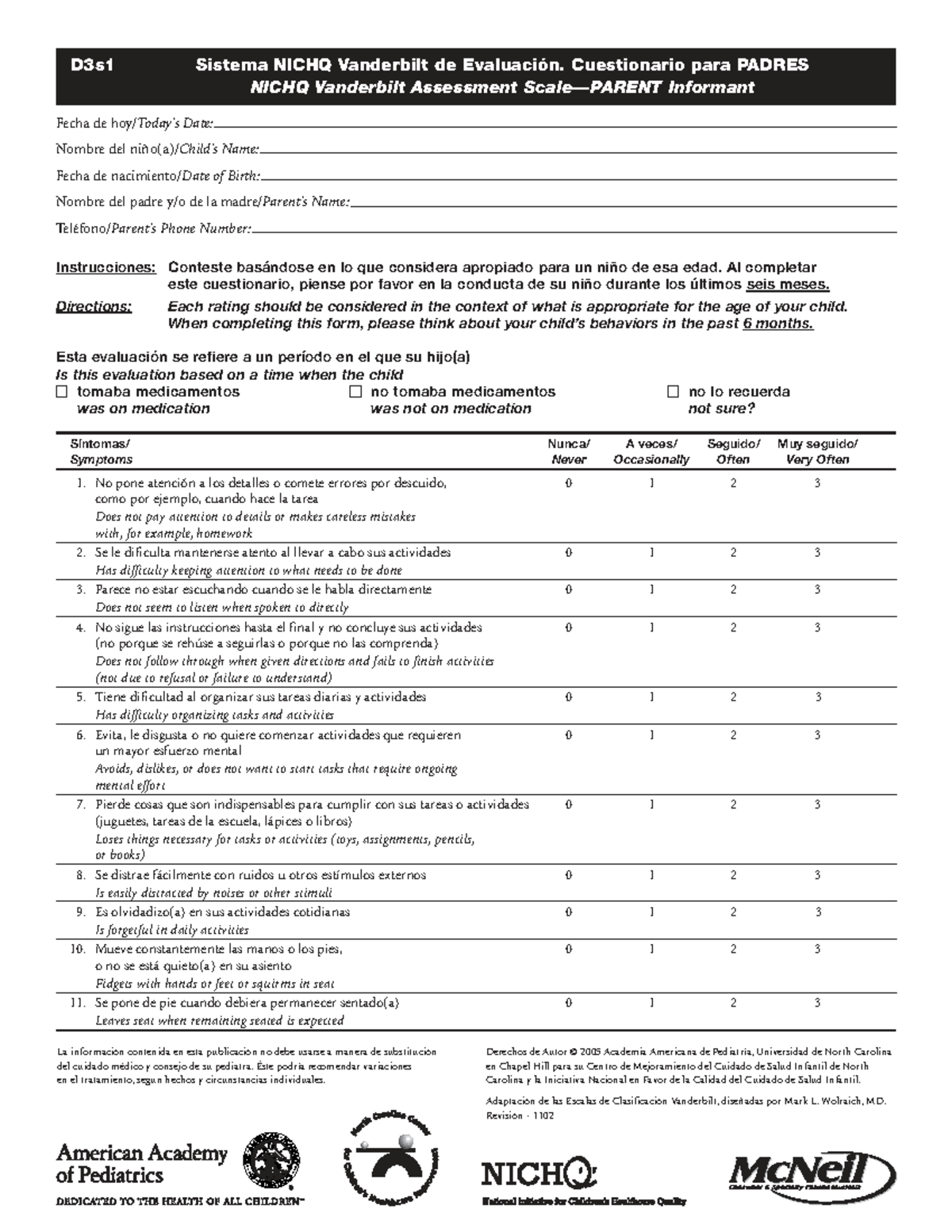 NICHQ Vanderbilt Evaluación para Padres - Cuestionario Completo - Studocu