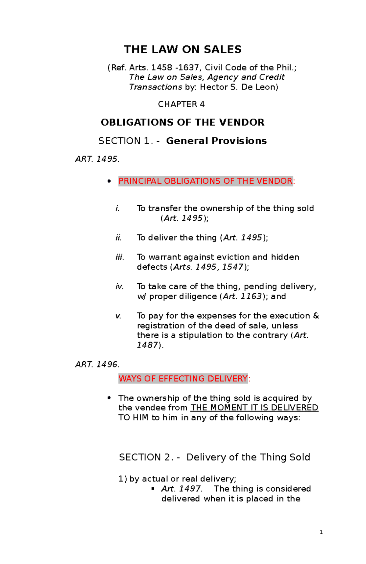 Sales Law Chapter 4 - Vendor Obligations & Delivery Methods Notes - Studocu