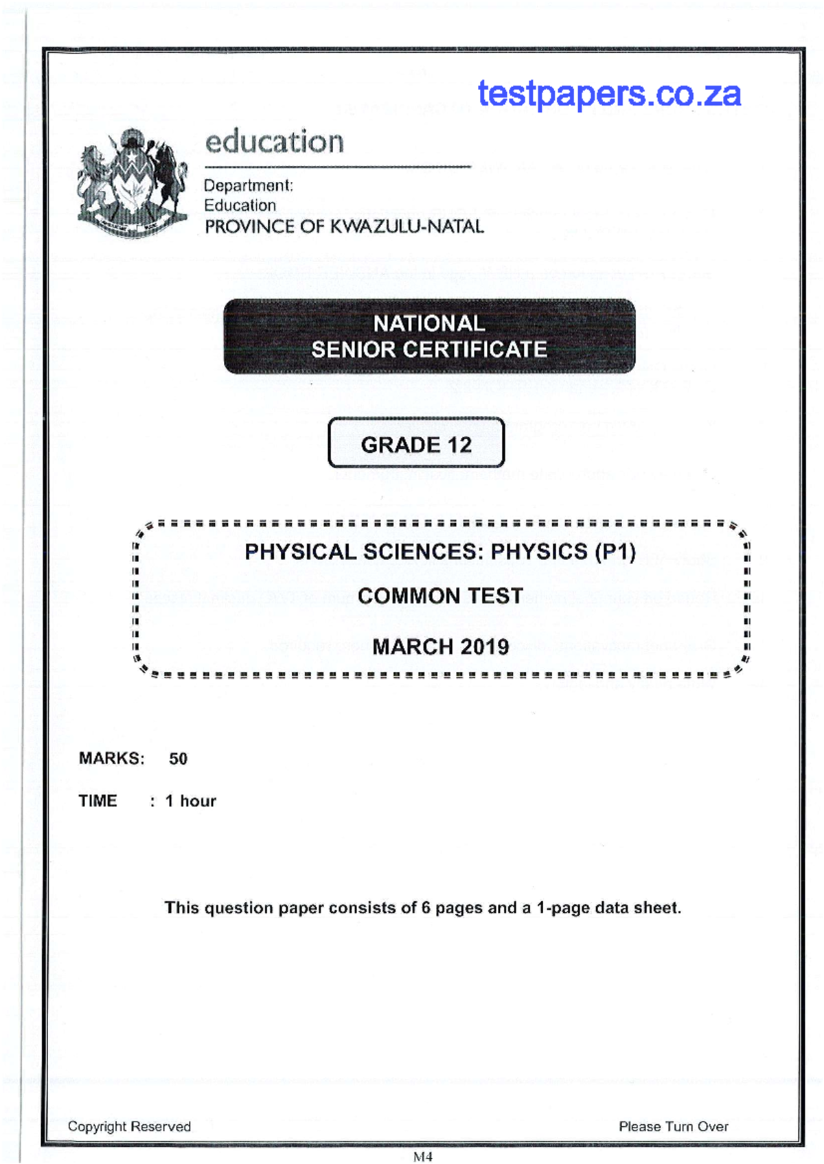 PHY-G12-Physical Sciences March 2019 Common Test (P1) QP - Studocu