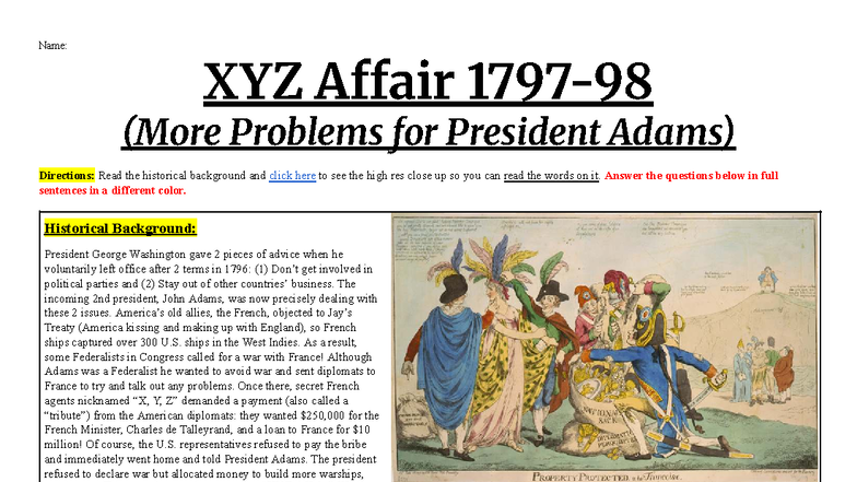 XYZ Affair & Challenges for President Adams (1797-1798 DBQ) - Studocu