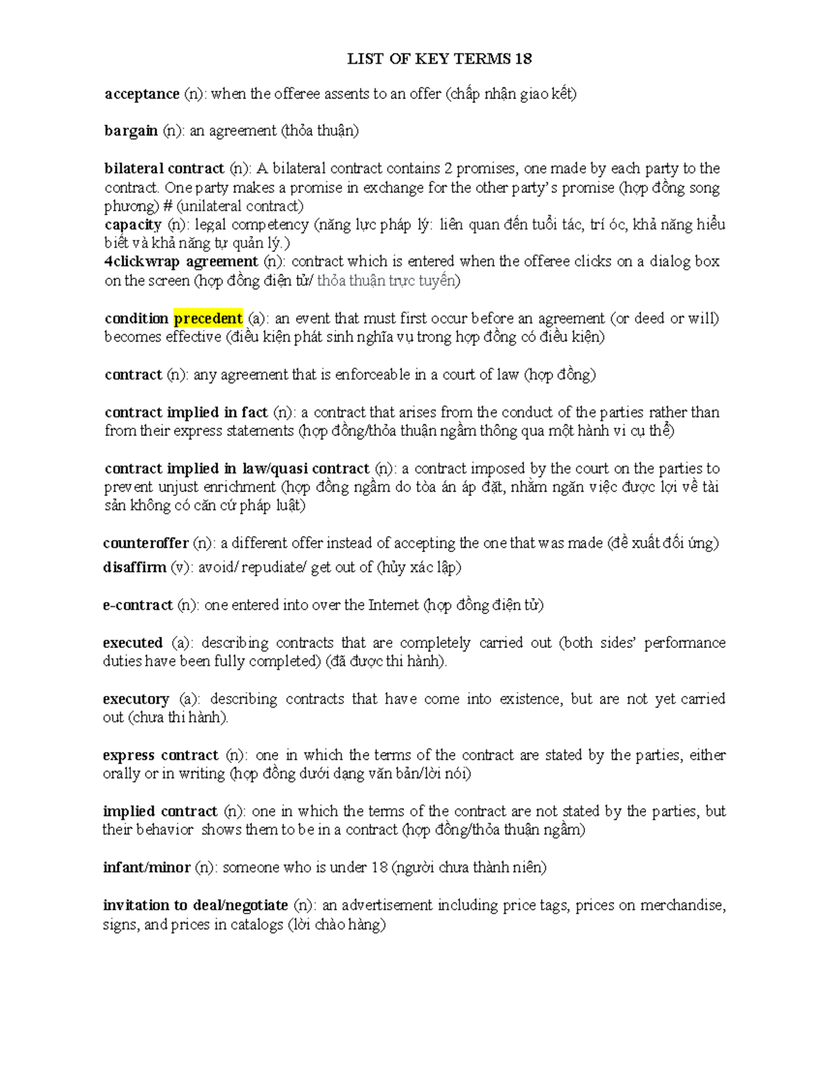Key Terms List for Chapter 18 - Contract Law Concepts - Studocu