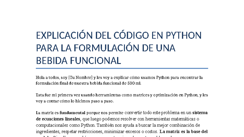 EXPLICACIÓN PASO A PASO DEL CÓDIGO PYTHON PARA BEBIDA FUNCIONAL - Studocu