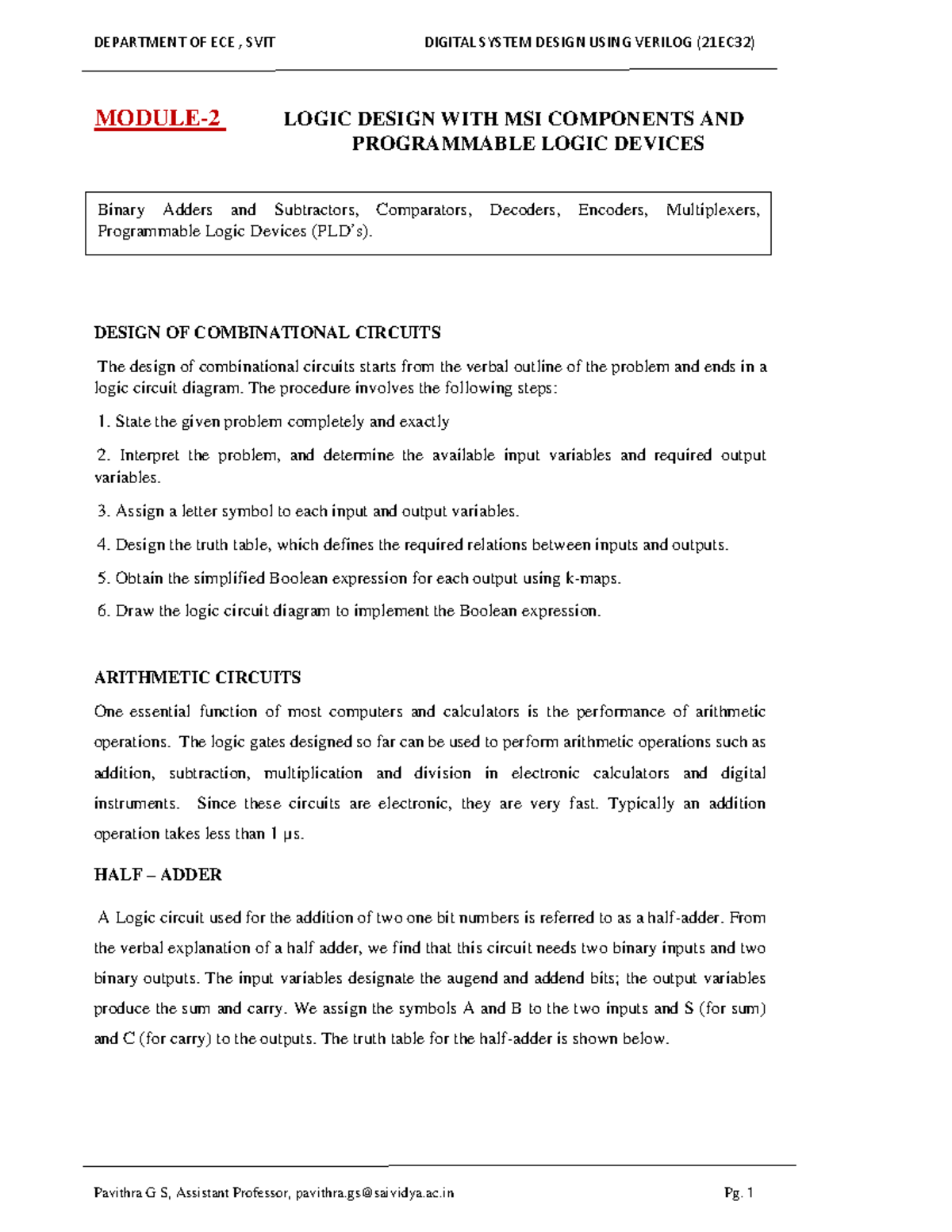 Digital System Design Using Verilog (21EC32): Combinational Circuits ...