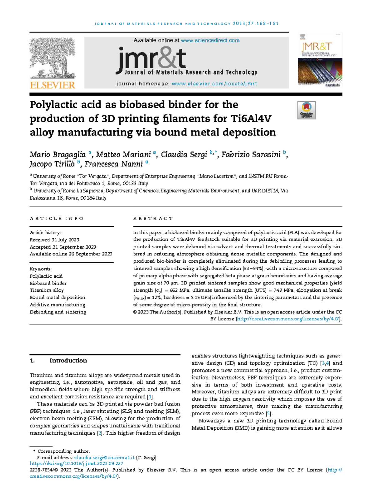 Polylactic Acid as Biobased Binder for 3D Printing Ti6Al4V Filaments ...