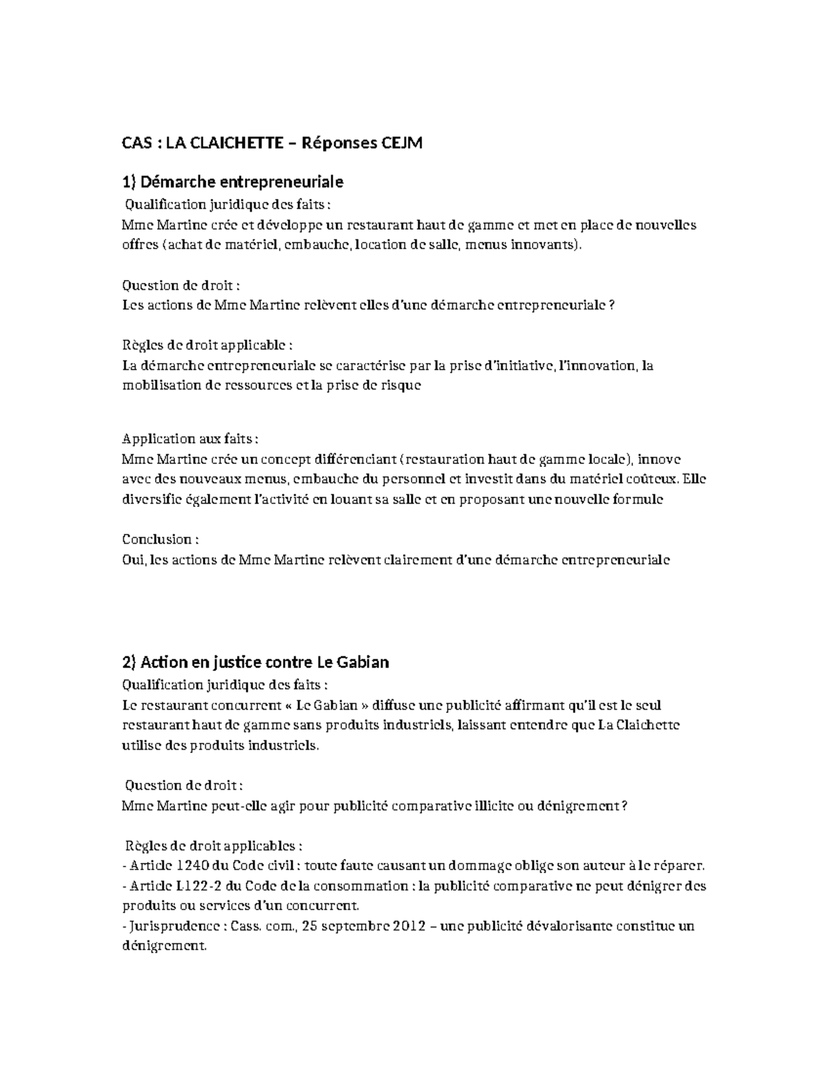 CAS : LA CLAICHETTE Étude de Démarche Entrepreneuriale et Droit - Studocu