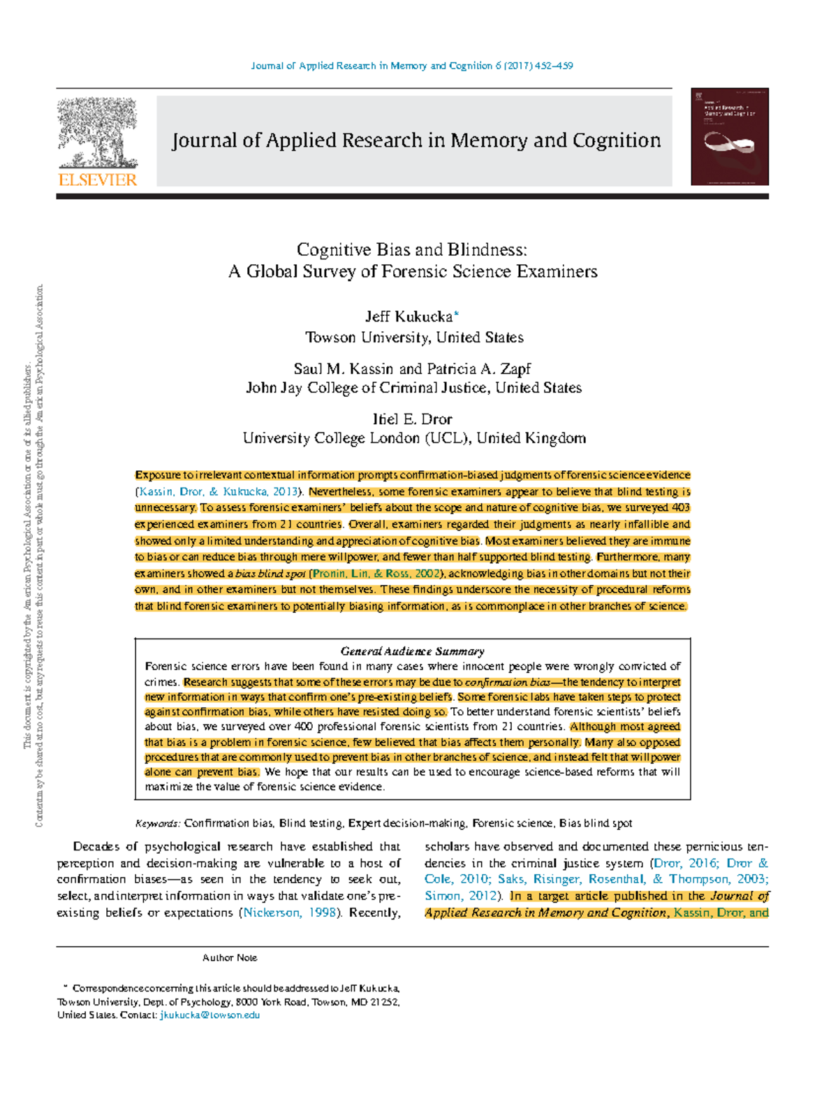 Cognitive Bias in Forensic Science: Insights from a Global Survey ...