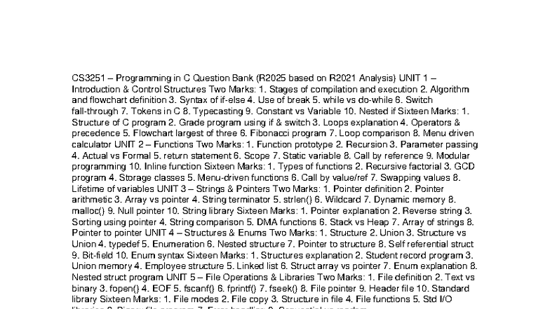 CS3251 Programming in C Question Bank R2025 - Unit 1 to 5 Overview ...