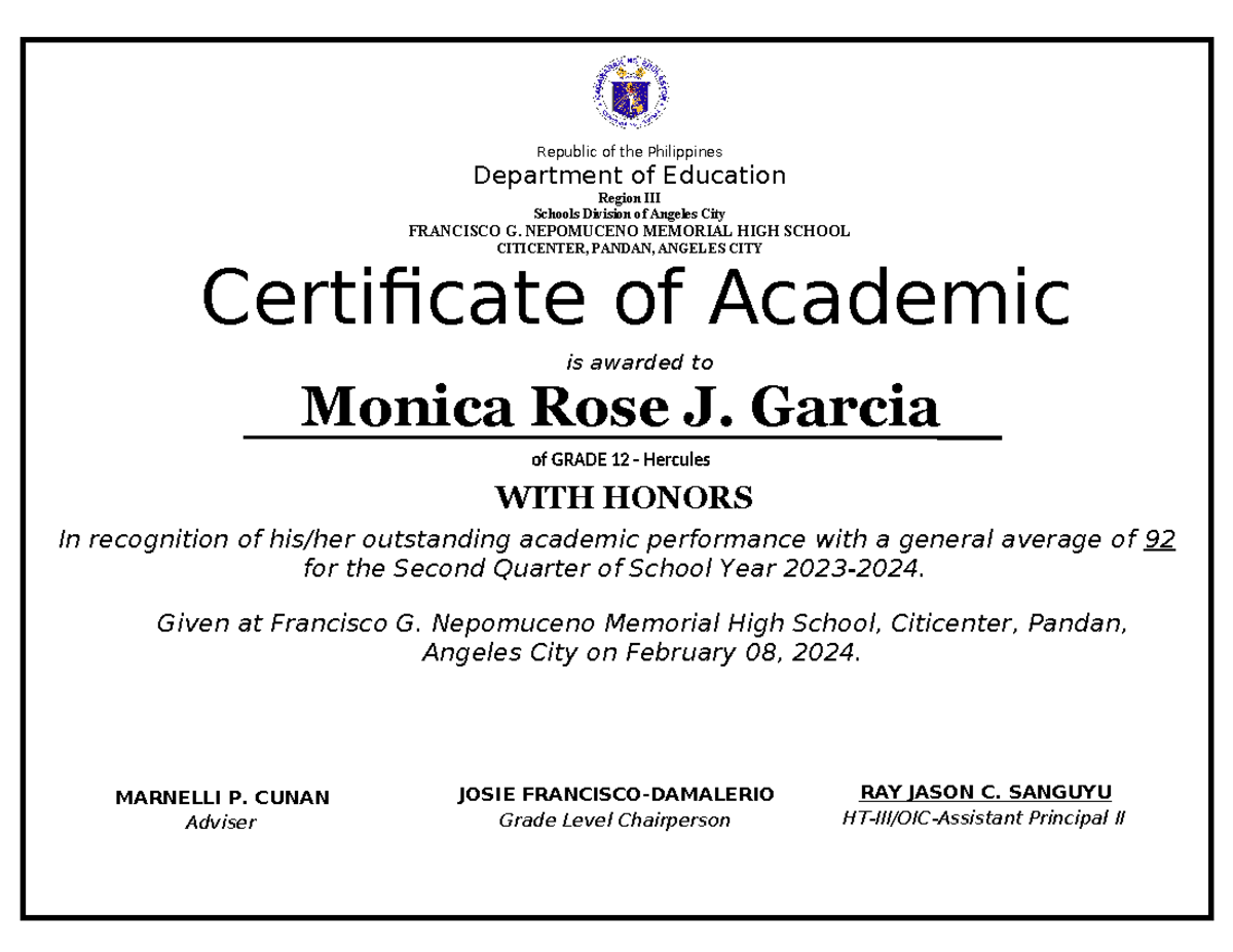 Sample certificate - mailmerge - In recognition of his/her outstanding ...