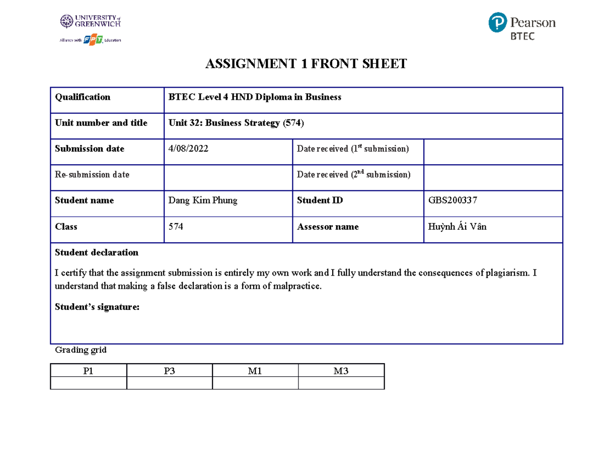 574-Assignment-1 - assingment - ASSIGNMENT 1 FRONT SHEET Qualification BTEC Level 4 HND Diploma ...