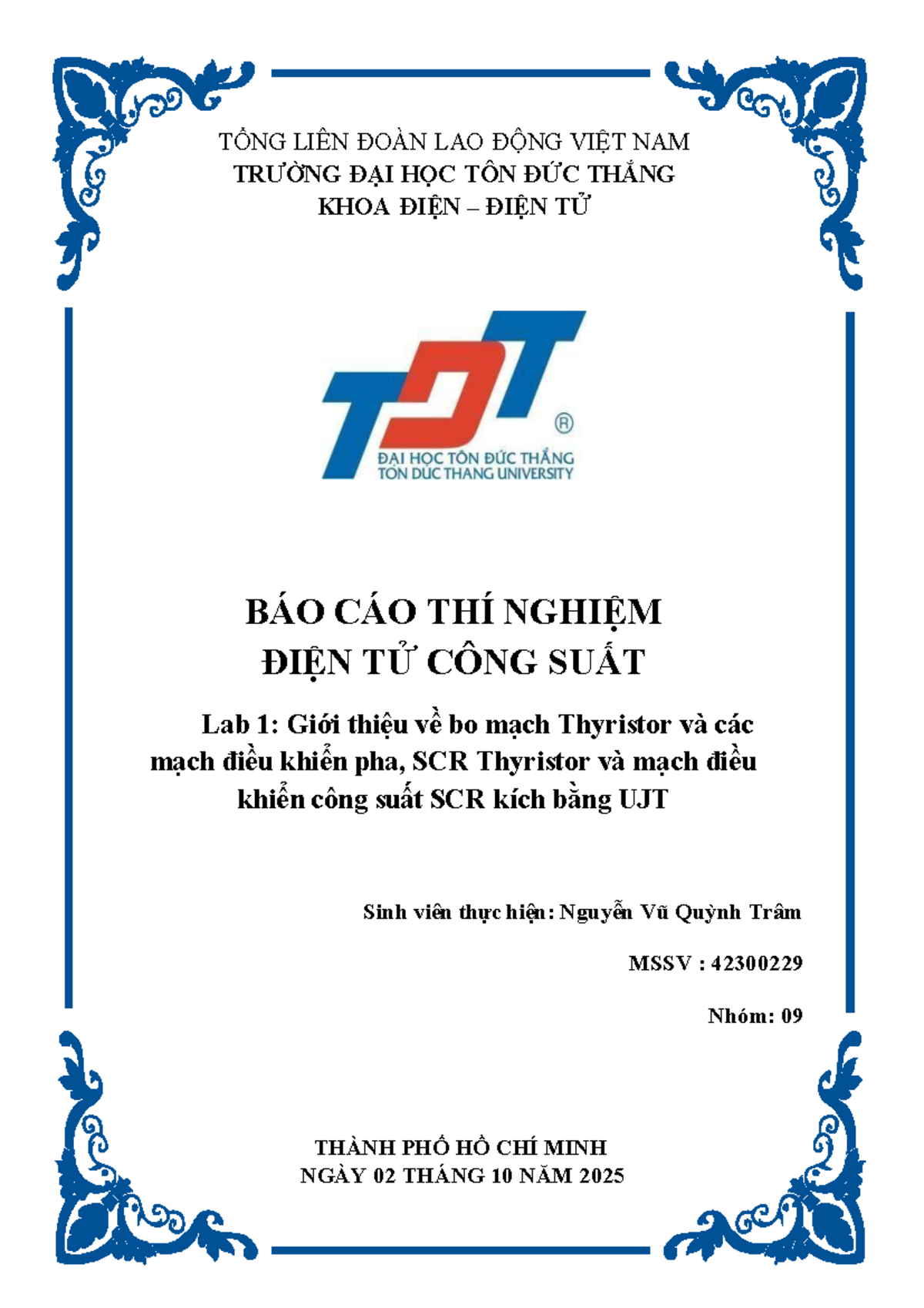 BÁO CÁO THÍ NGHIỆM ĐIỆN TỬ CÔNG SUẤT - Lab 1: Bo Mạch Thyristor - Studocu