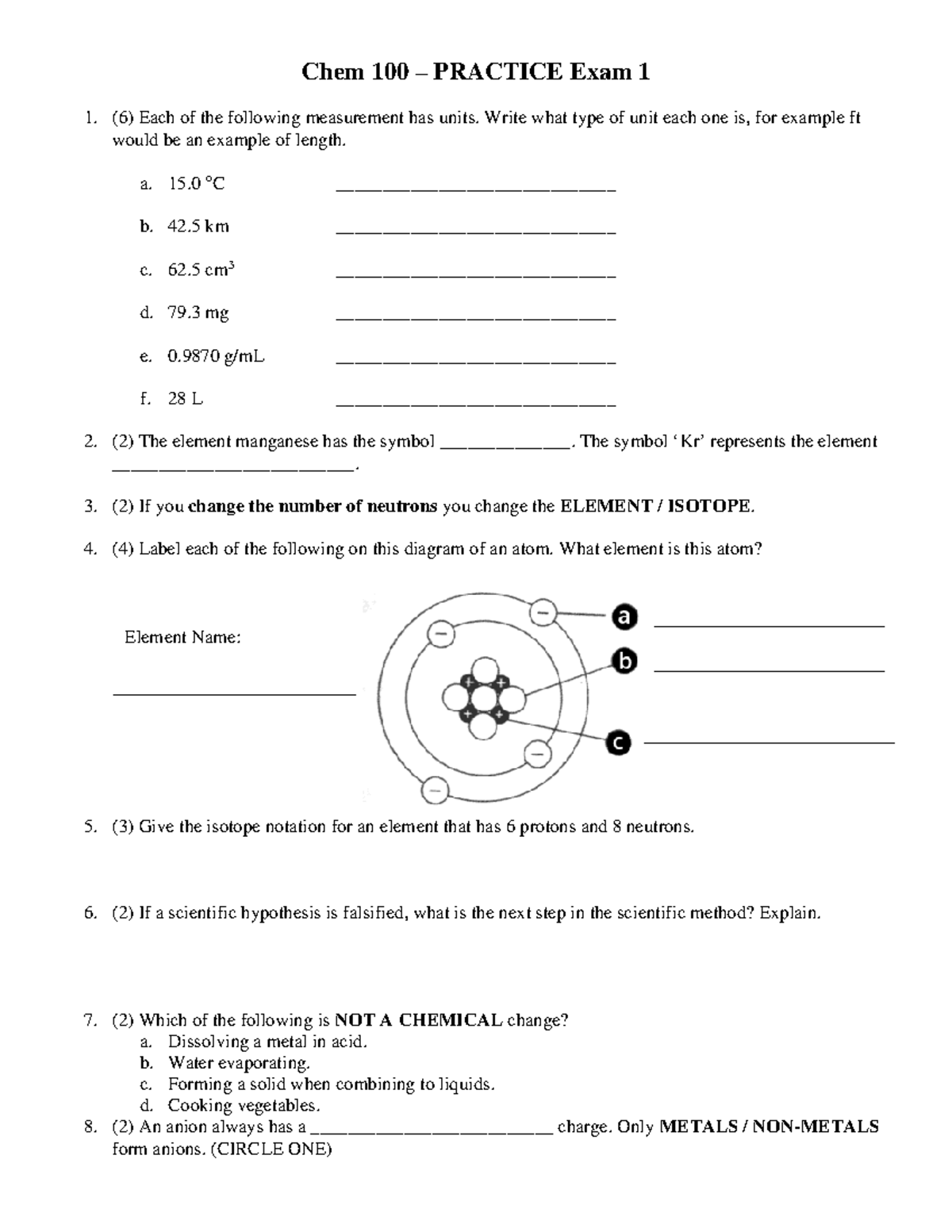 Chem 100 - Practice Exam 1: Key Concepts & Questions - Studocu