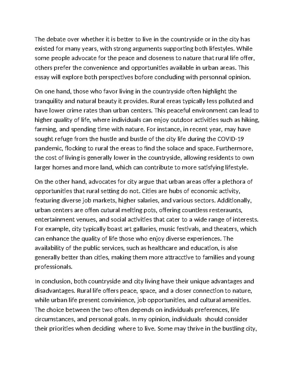 Essay: Countryside vs. City Living - A Comparative Analysis (ENG101 ...