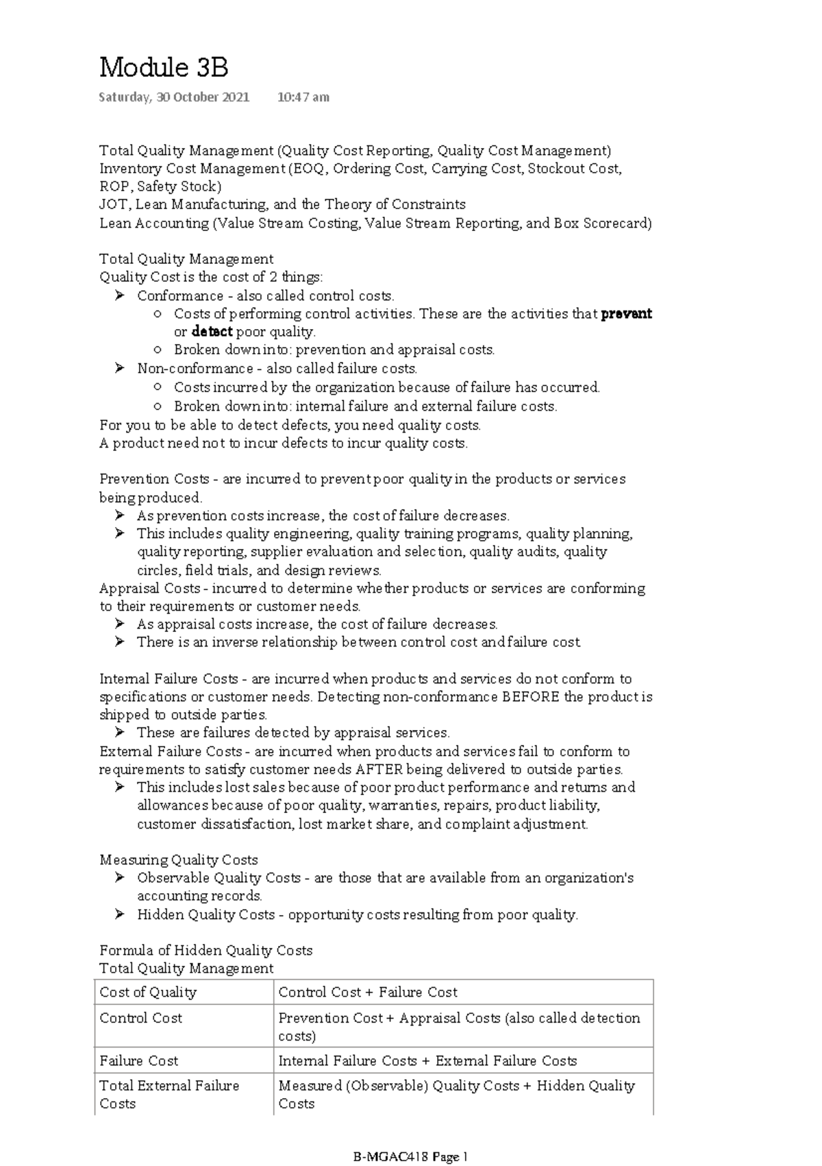 Total Quality Management and Cost Management Notes (Module 3B) - Studocu
