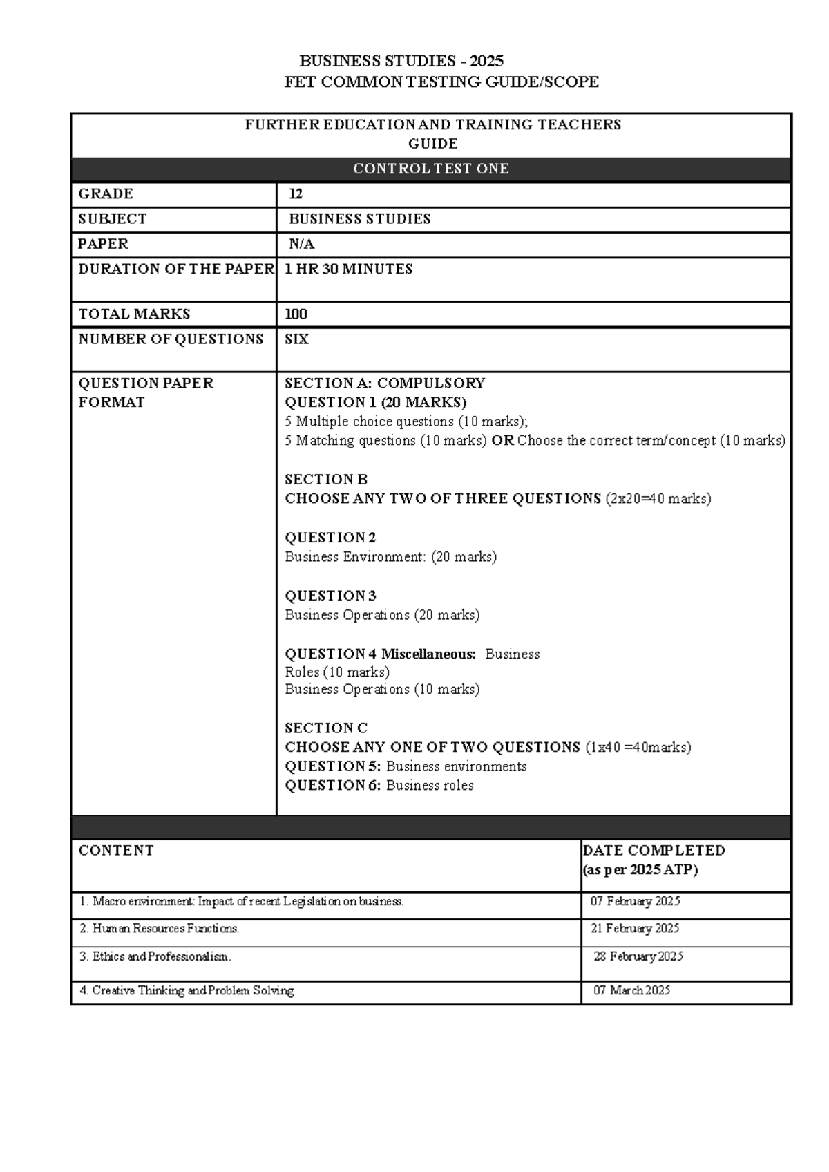 2025 BSTD Grade 12 Business Studies Common Test & Exam Scope - Studocu