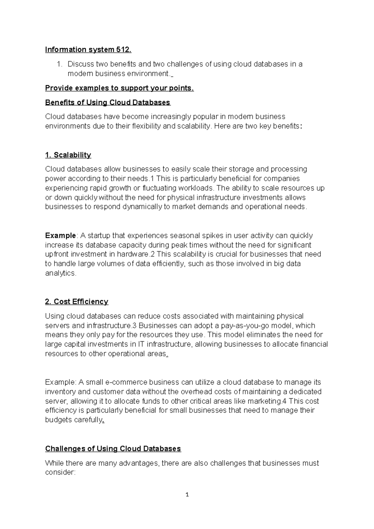 Information Systems 512: Cloud Databases Benefits & Challenges in Business - Studocu