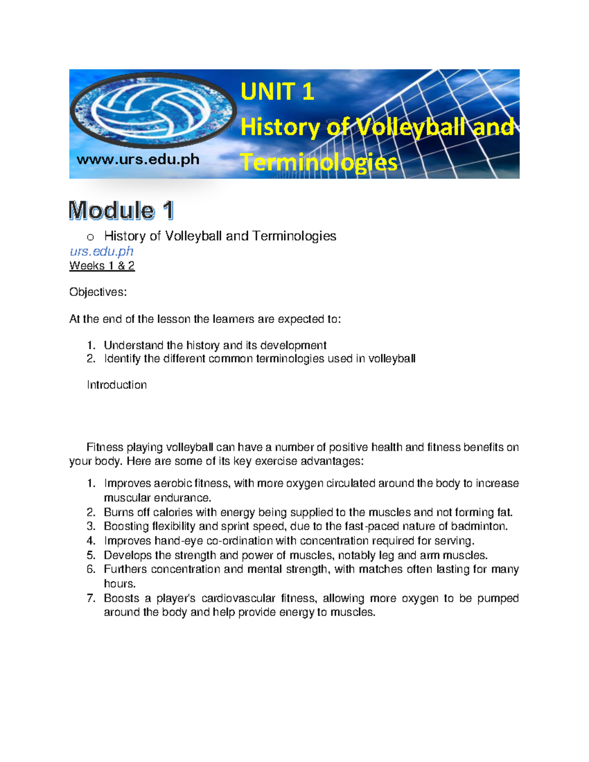 PE 4 Lecture 1 - History and Key Terminologies of Volleyball - Studocu