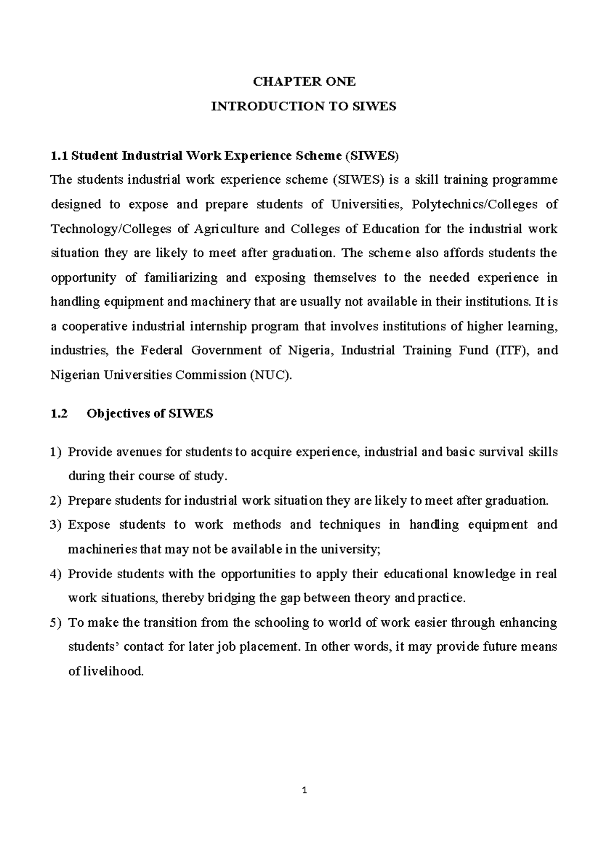 SIWES CHAPTER ONE: Introduction to Student Industrial Work Experience ...