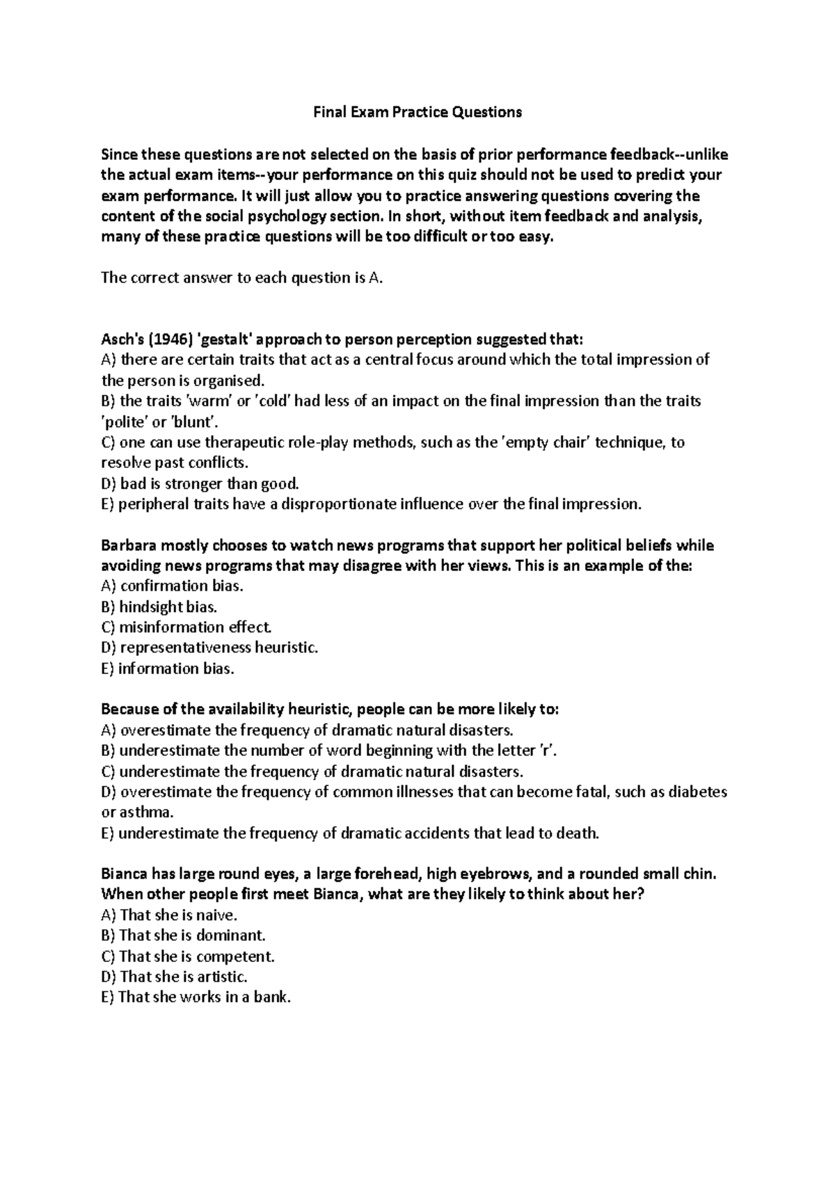 PSYU2234 Final Exam Practice Questions in Social Psychology - Studocu
