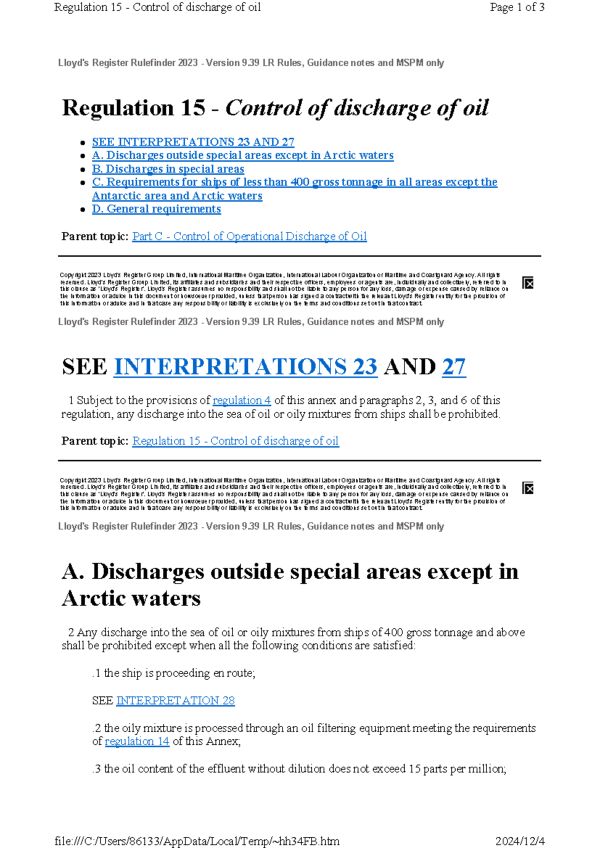 Regulation 15: Control of Oil Discharge - Rulefinder 2023 Version 9.39 ...