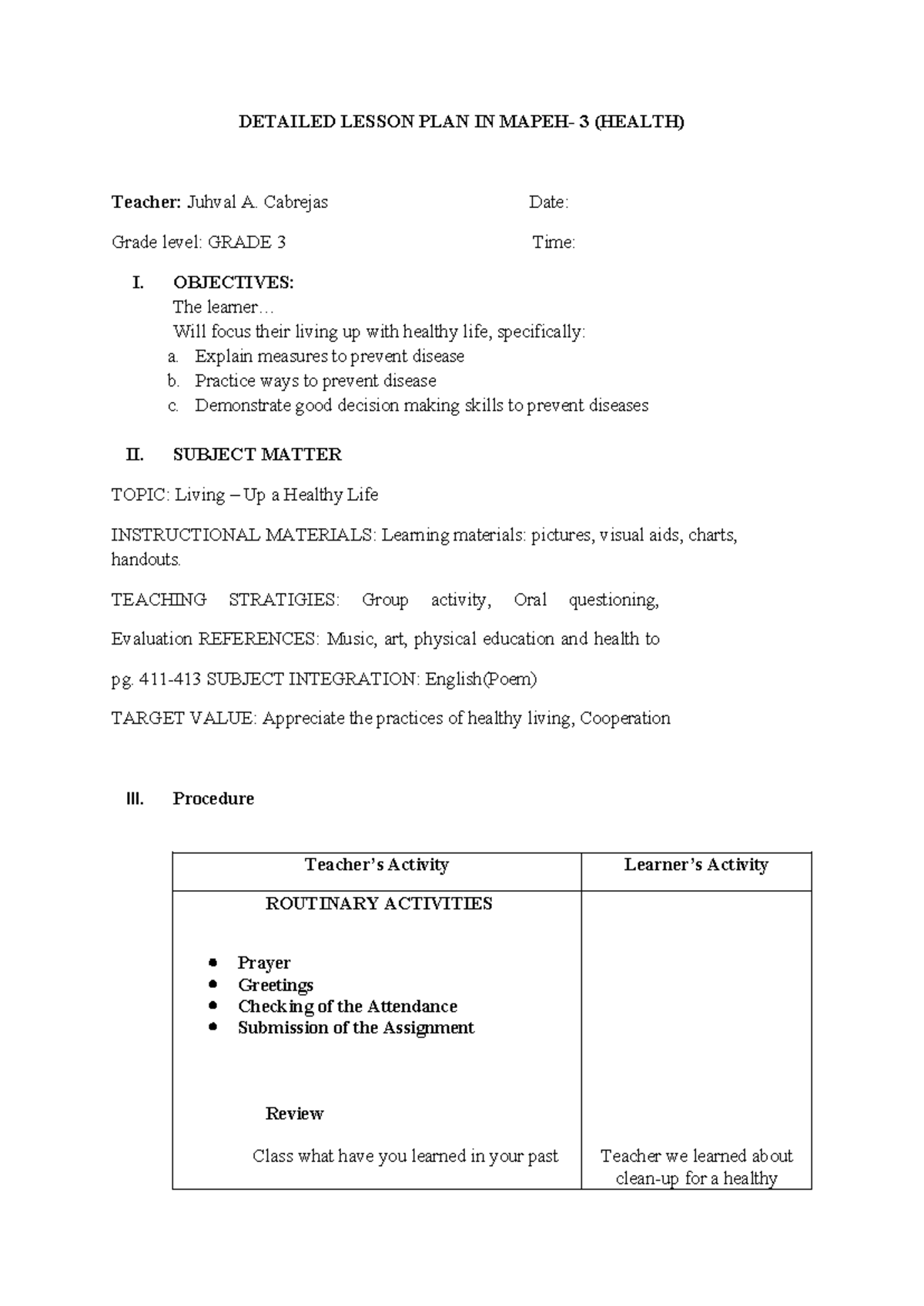 Health Lesson Plan for Grade 3: Promoting Healthy Lifestyles - Studocu