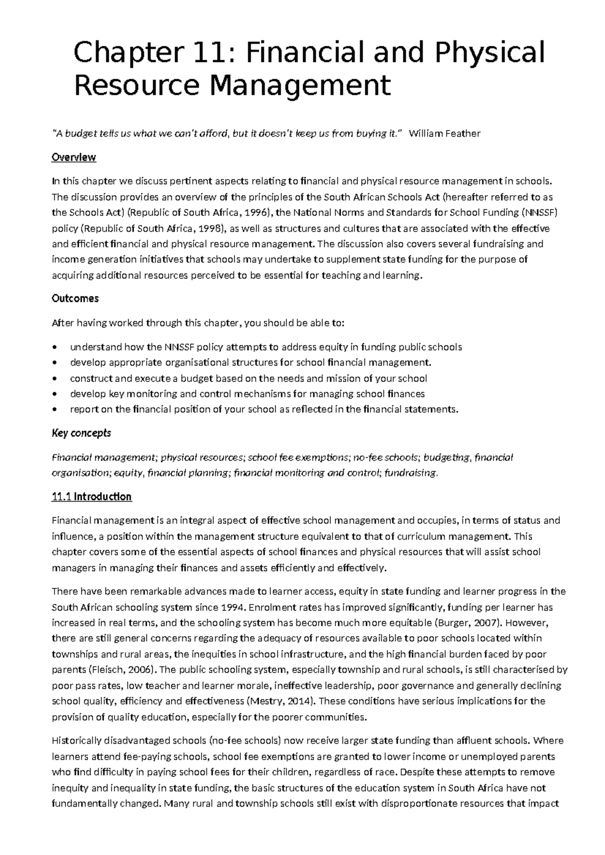 Chapter 11 Financial and Physical Resource Management - ” William ...