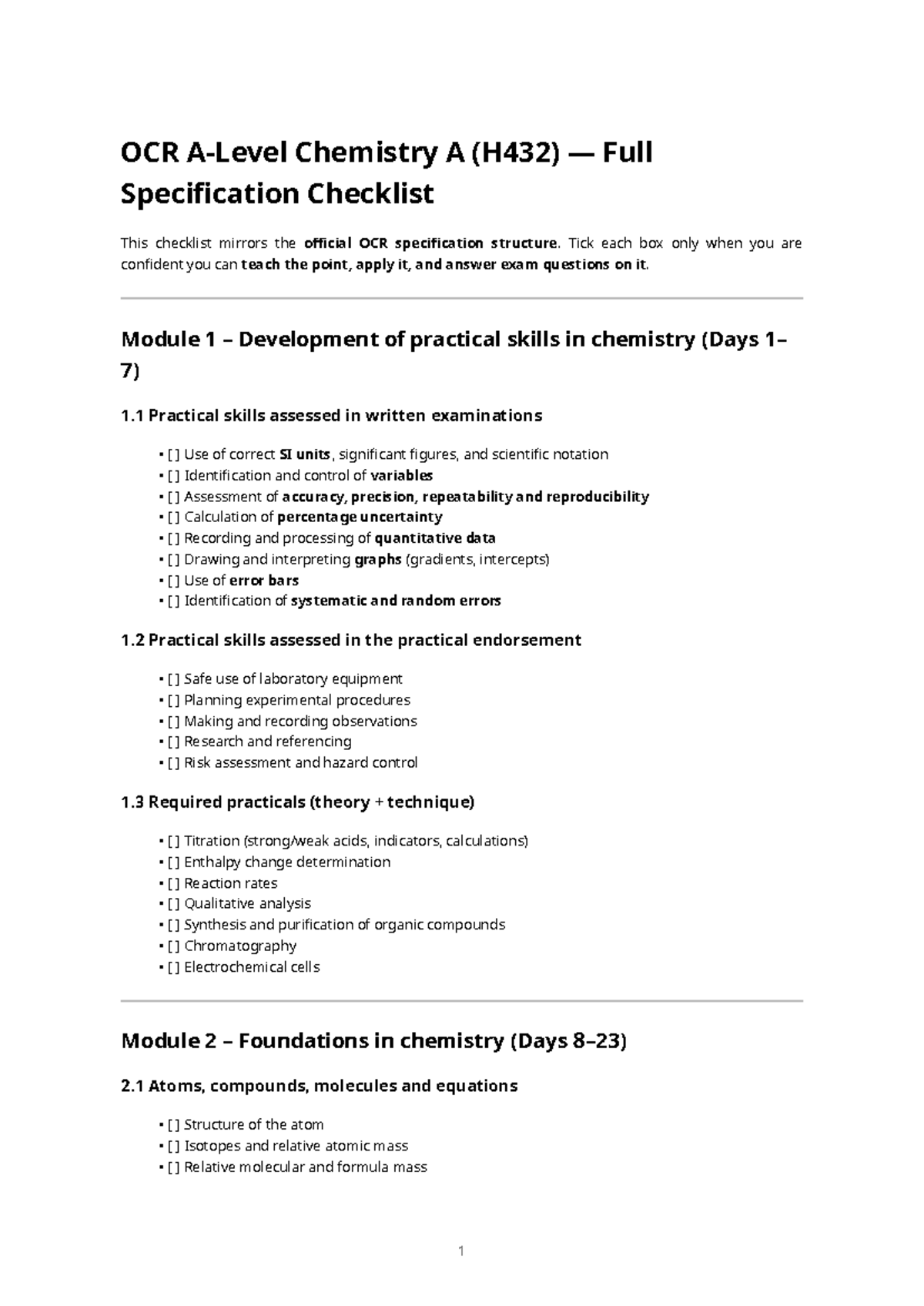 OCR Chemistry A (H432) Comprehensive Specification Checklist - Studocu
