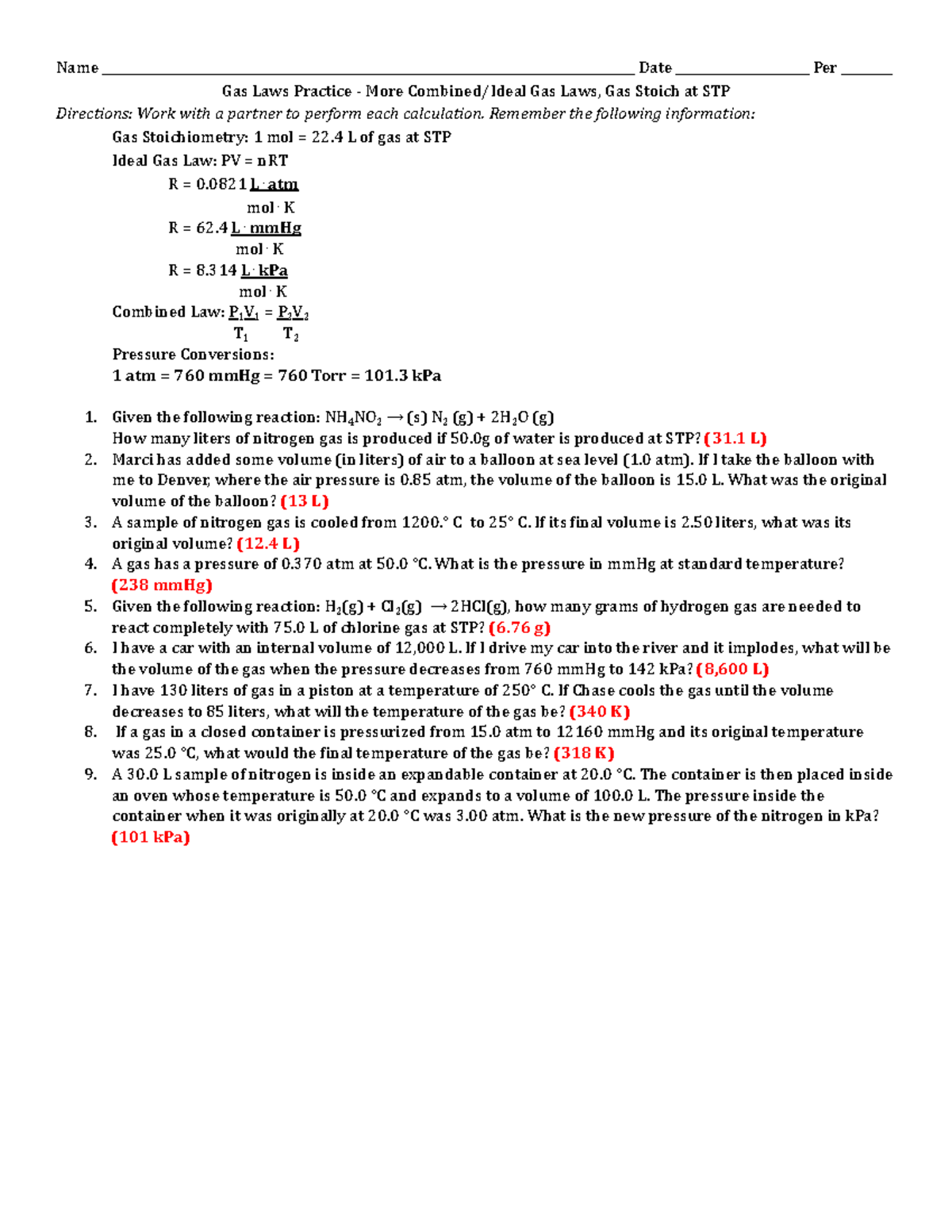 Gas Laws Practice: Combined & Ideal Gas Calculations (STP) - Studocu
