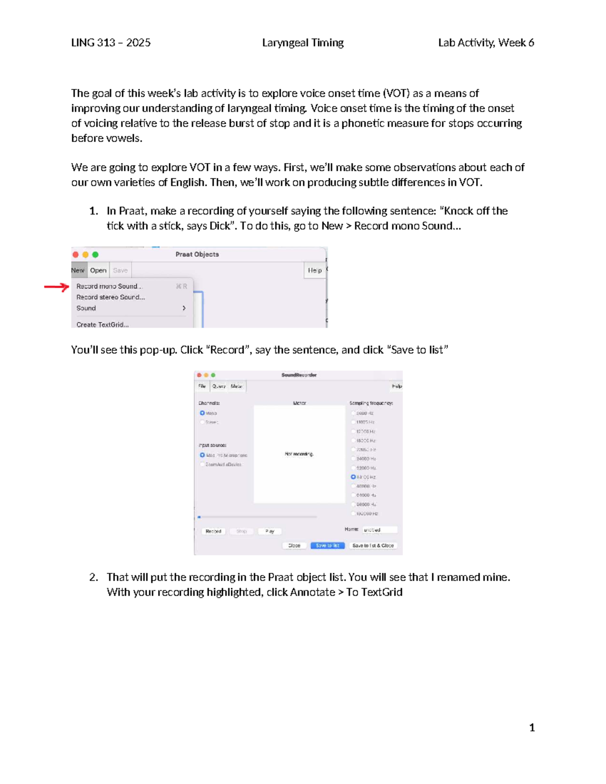 LING 313 2025 Week 6 Lab Activity: Exploring Voice Onset Time (VOT ...