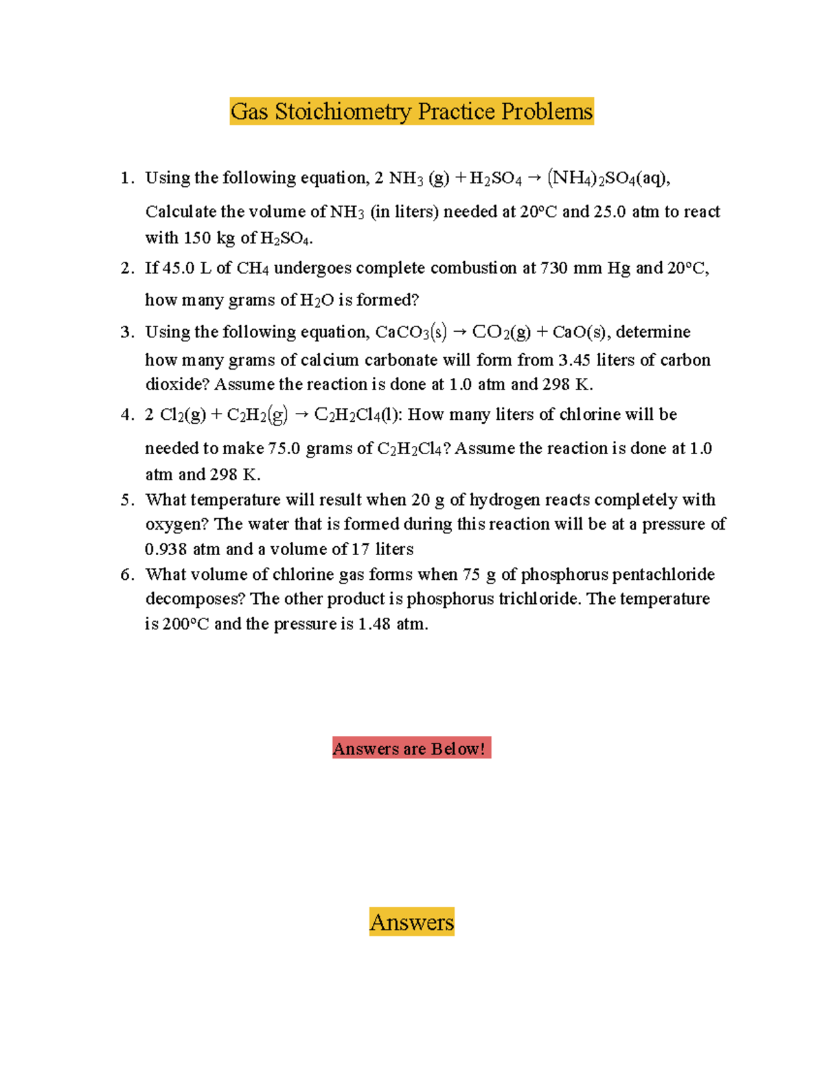 Gas Stoichiometry Practice Problems for Chem 101 - Exercises with Answers - Studocu
