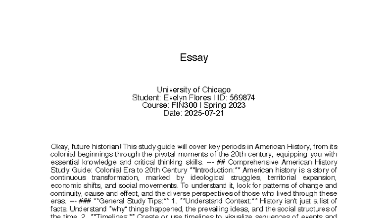 Comprehensive Study Guide: American History from Colonial Era to 20th ...