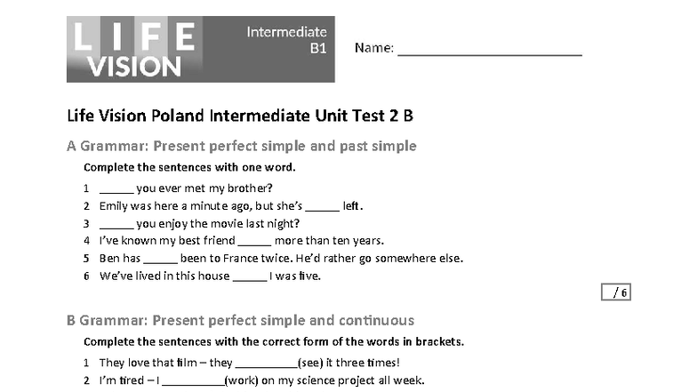 Life Vision Poland Intermediate Unit Test 2B: Grammar & Vocabulary ...
