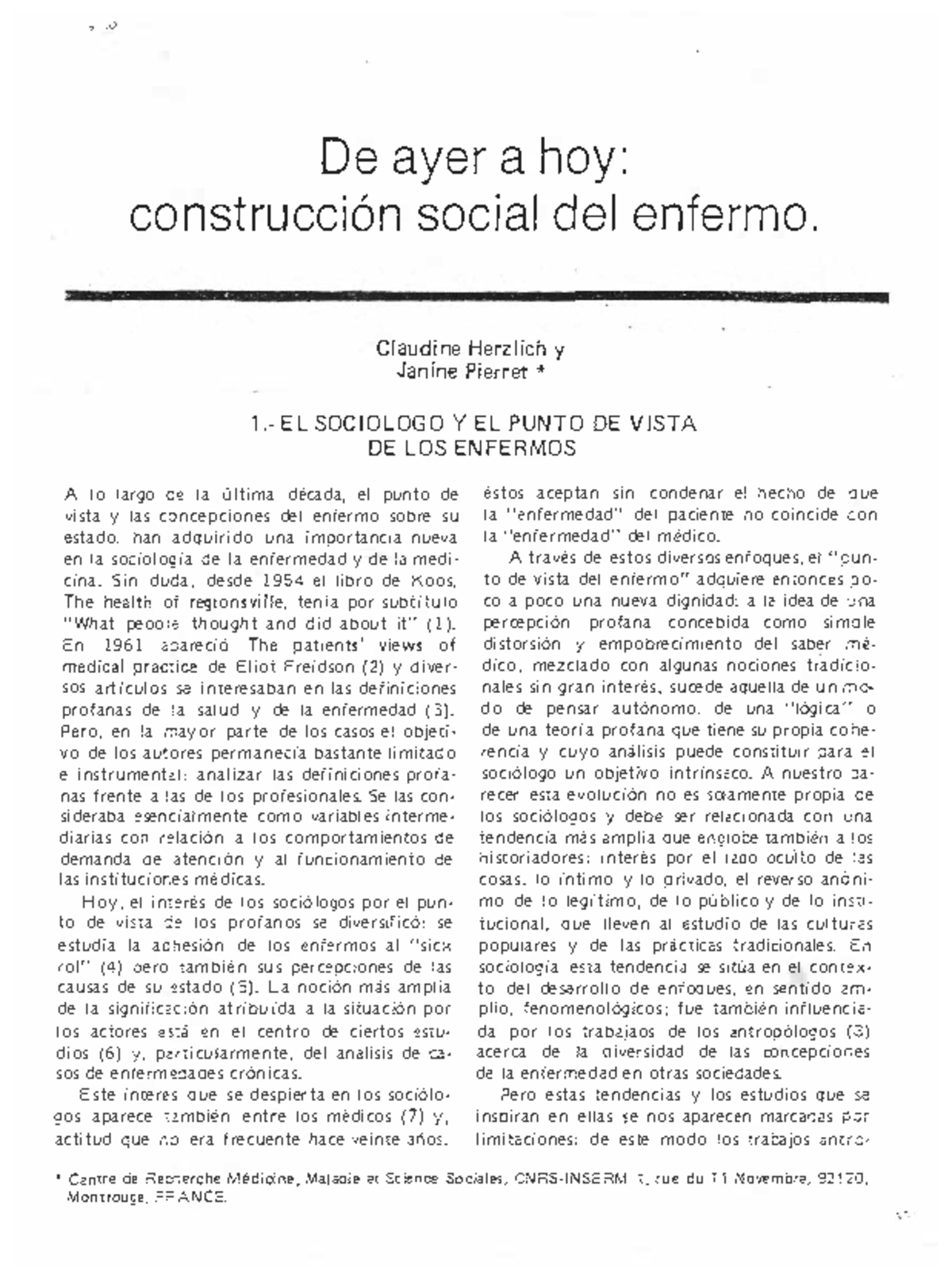 De ayer a hoy La construccion social del enfermo Herzlich y Pierret ...