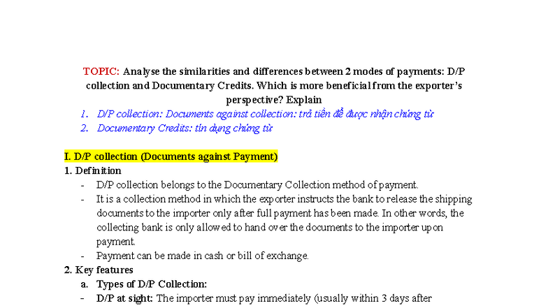 Comparative Analysis of Payment Methods: Collection vs. Documentary ...