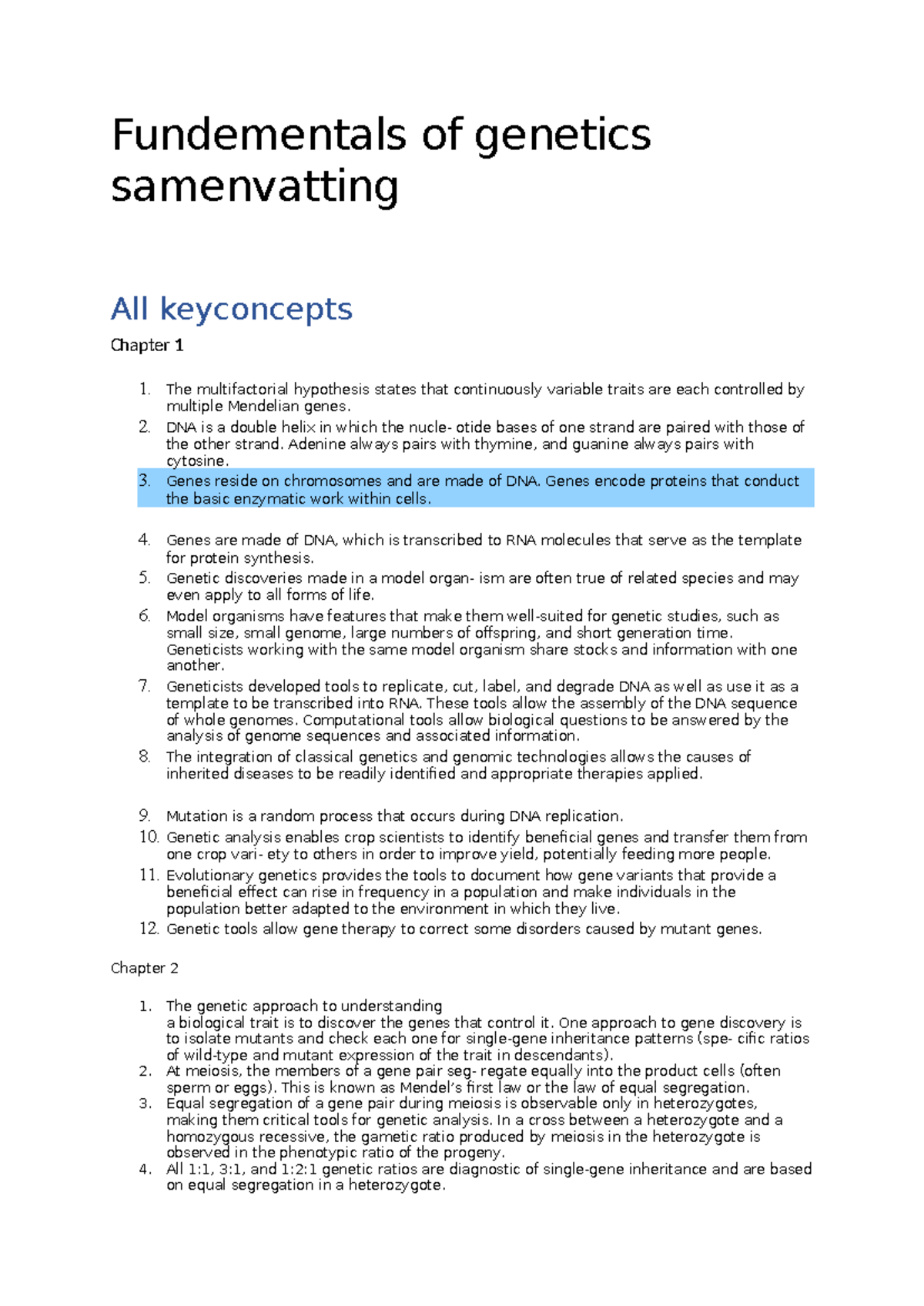 Fundamentals of Genetics Summary: Key Concepts from Chapters 1-19 ...