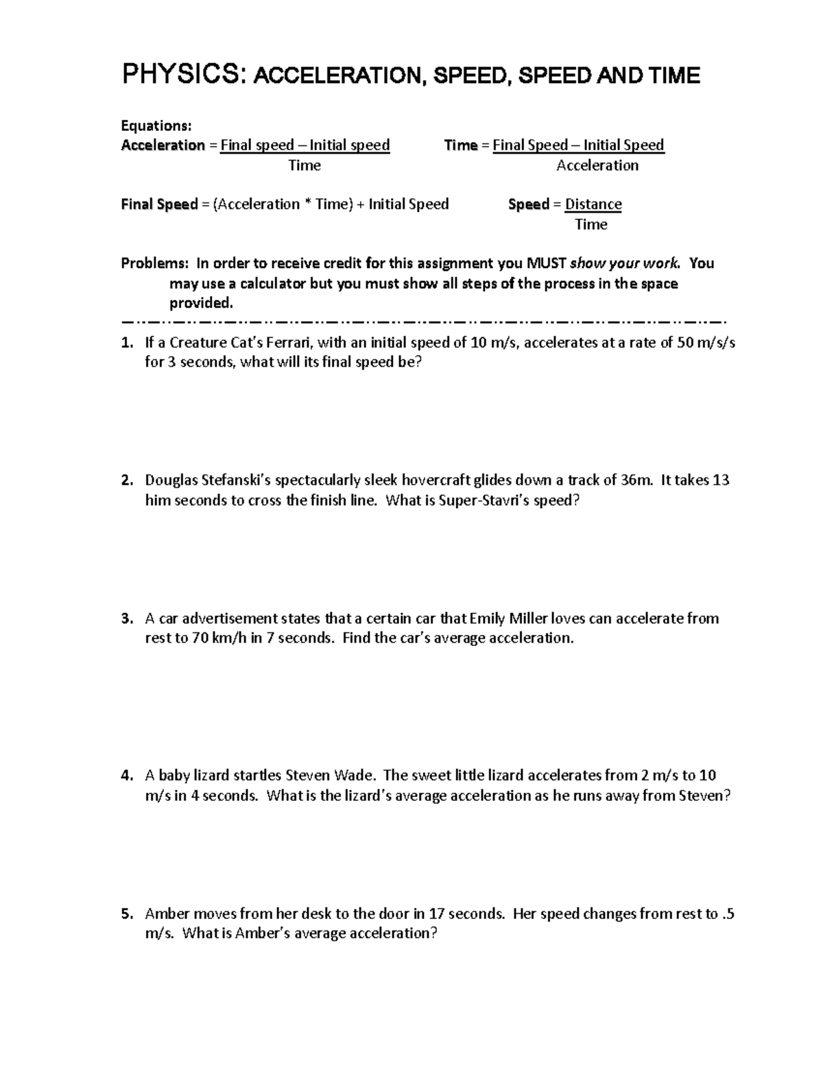 PHYSICS: ACCELERATION FINAL SPEED & TIME PRACTICE PROBLEMS - Studocu