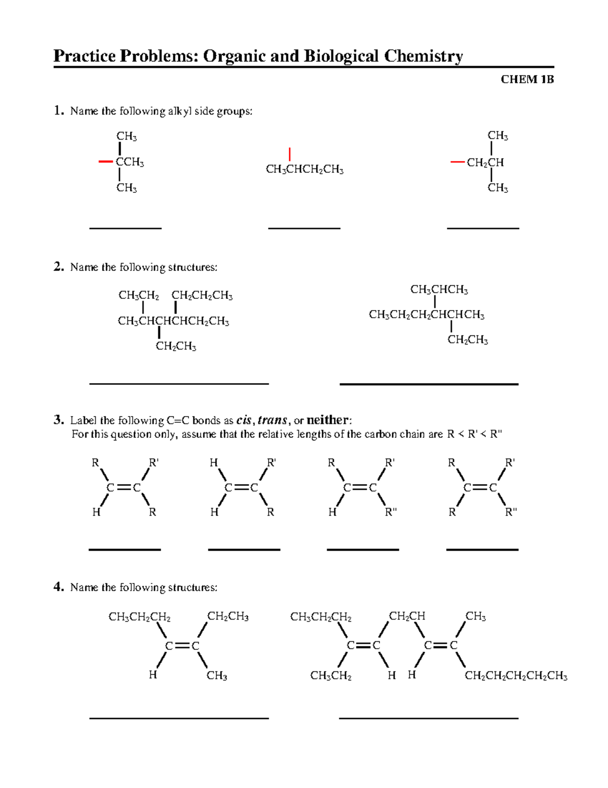 Practice Problems for Organic & Biological Chemistry - CHEM 1B - Studocu