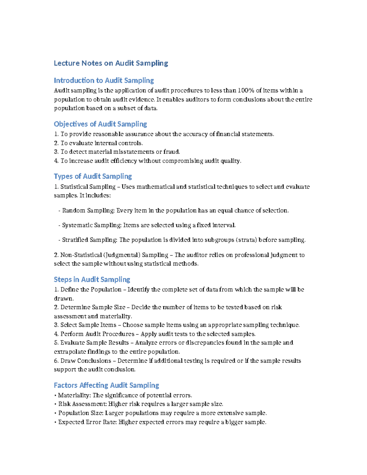 Audit Sampling Notes - Lecture Notes on Audit Sampling Introduction to ...