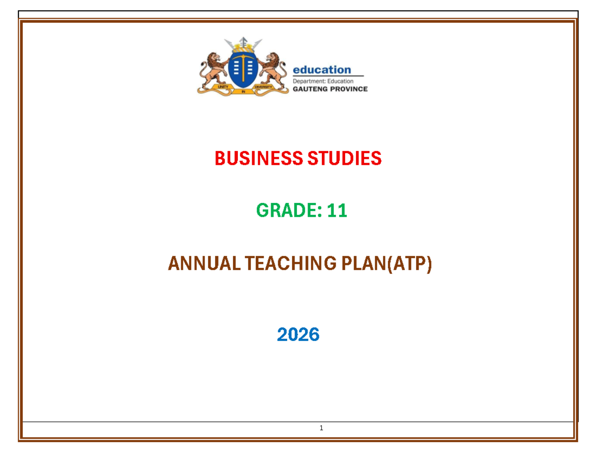 2026 Grade 11 Business Studies Annual Teaching Plan (ATP) - Studocu