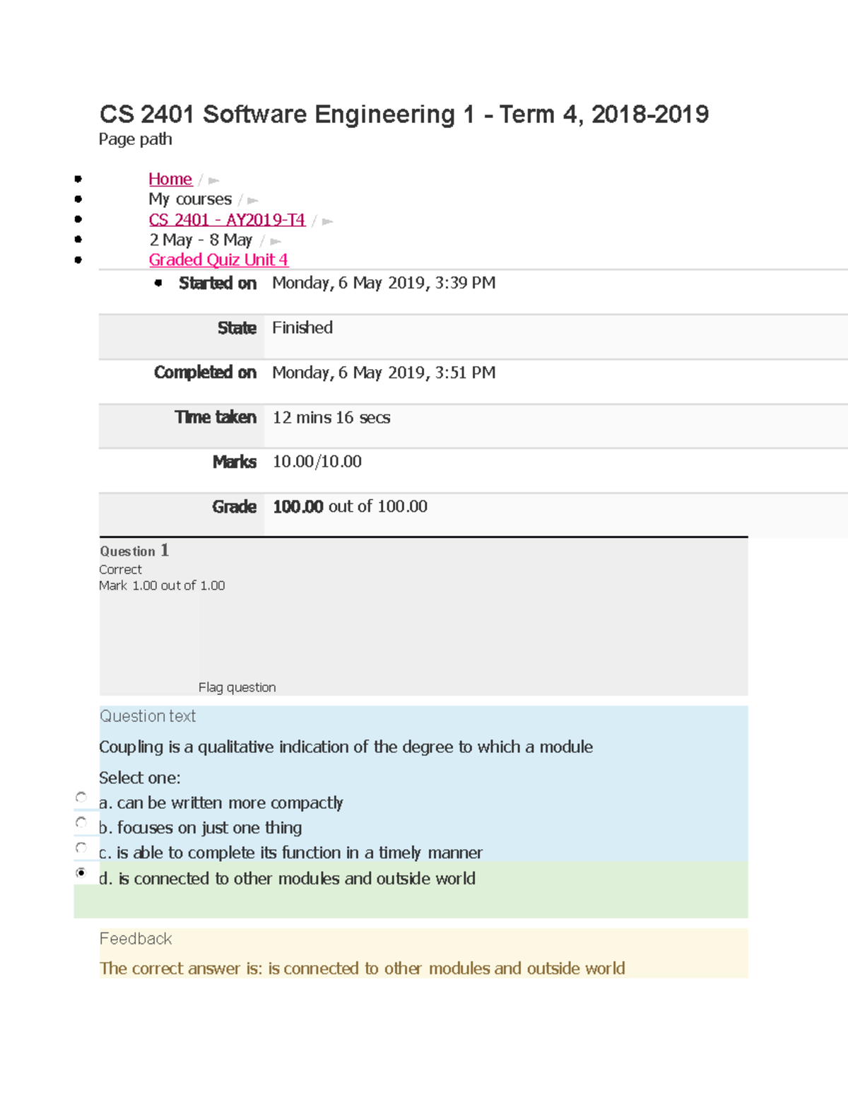 CS 2401 Software Engineering 1 Graded quiz unit 4 - CS 2401 Software ...