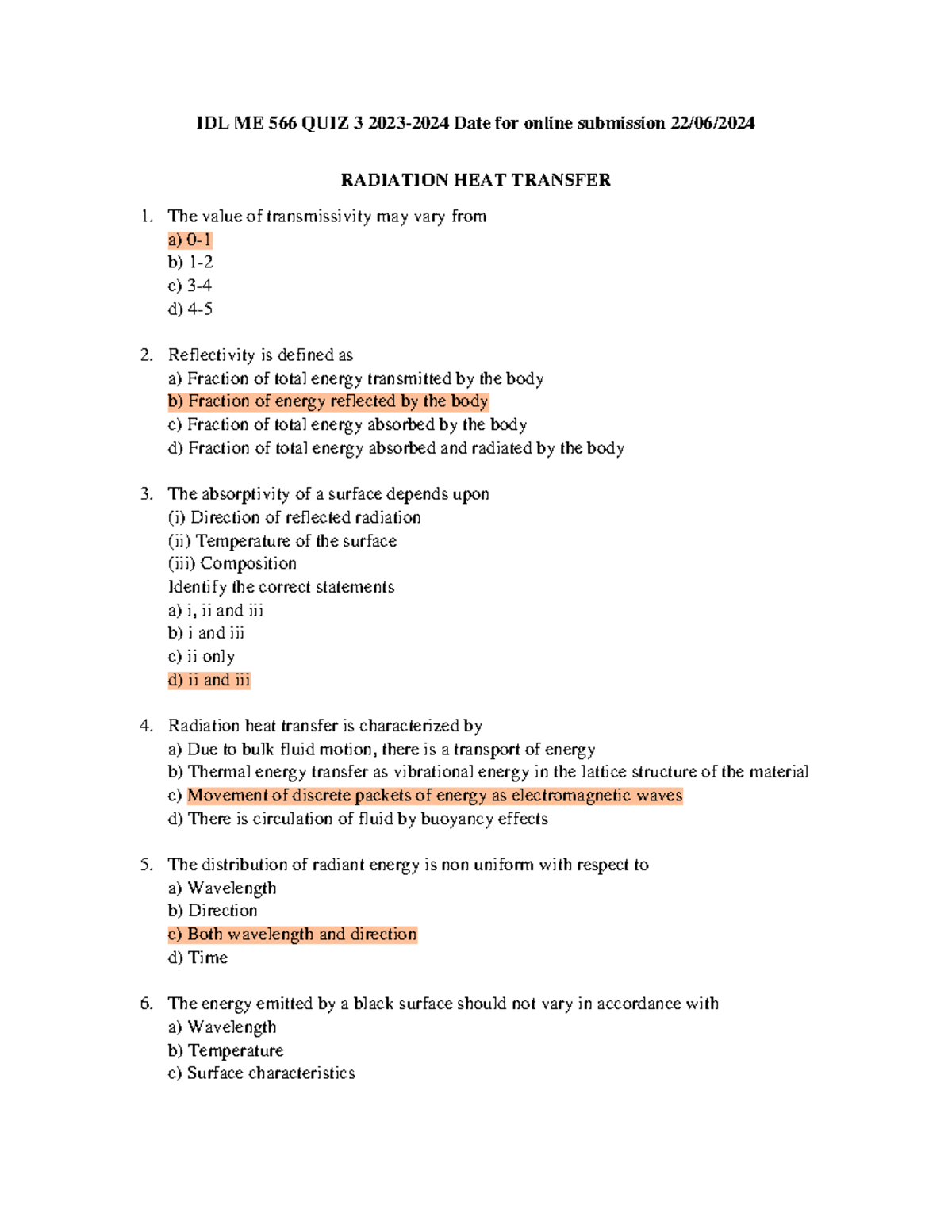 IDL ME 566 QUIZ 3 2023-2024: Radiation Heat Transfer Concepts - Studocu