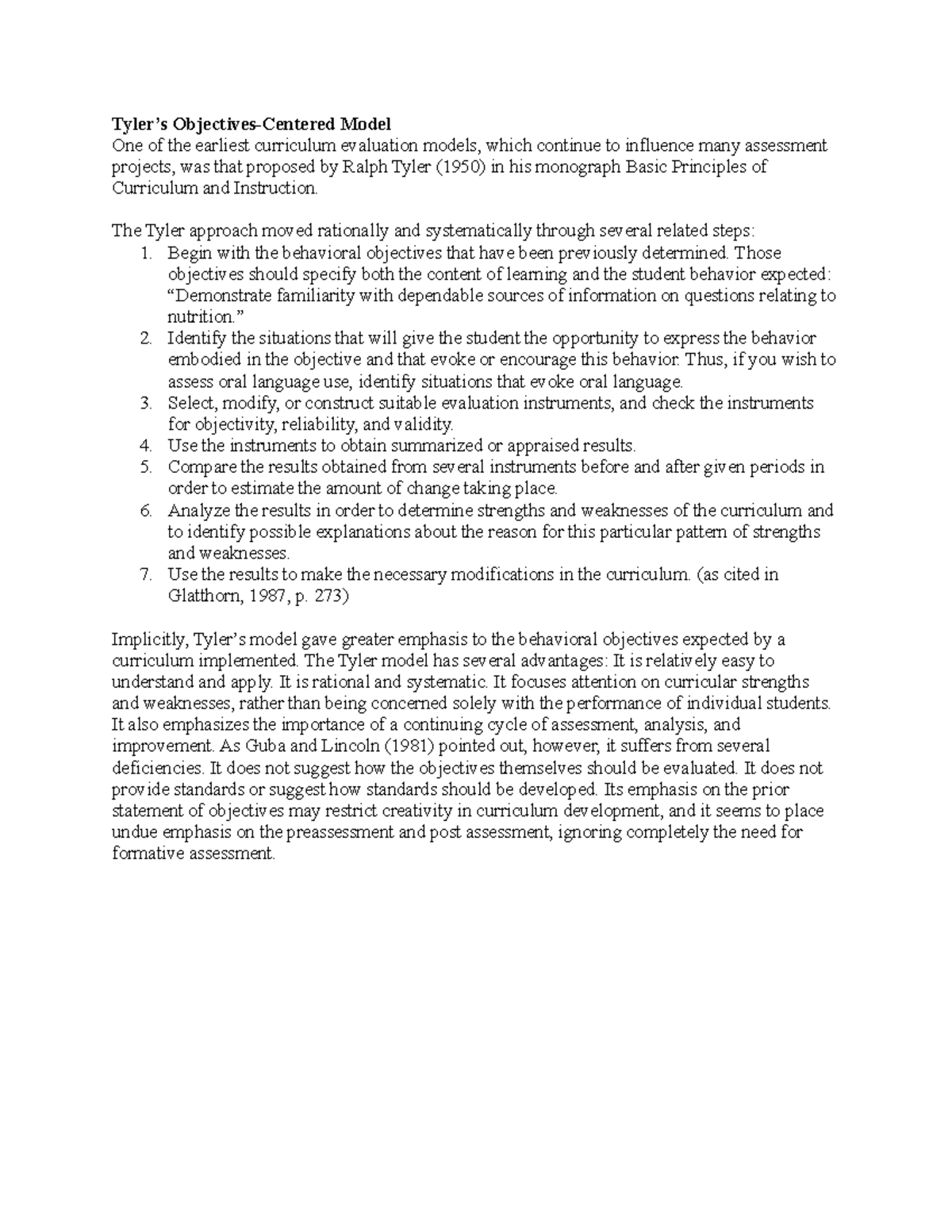 Curriculum Evaluation Models: Insights from Tyler to Bradley - Studocu