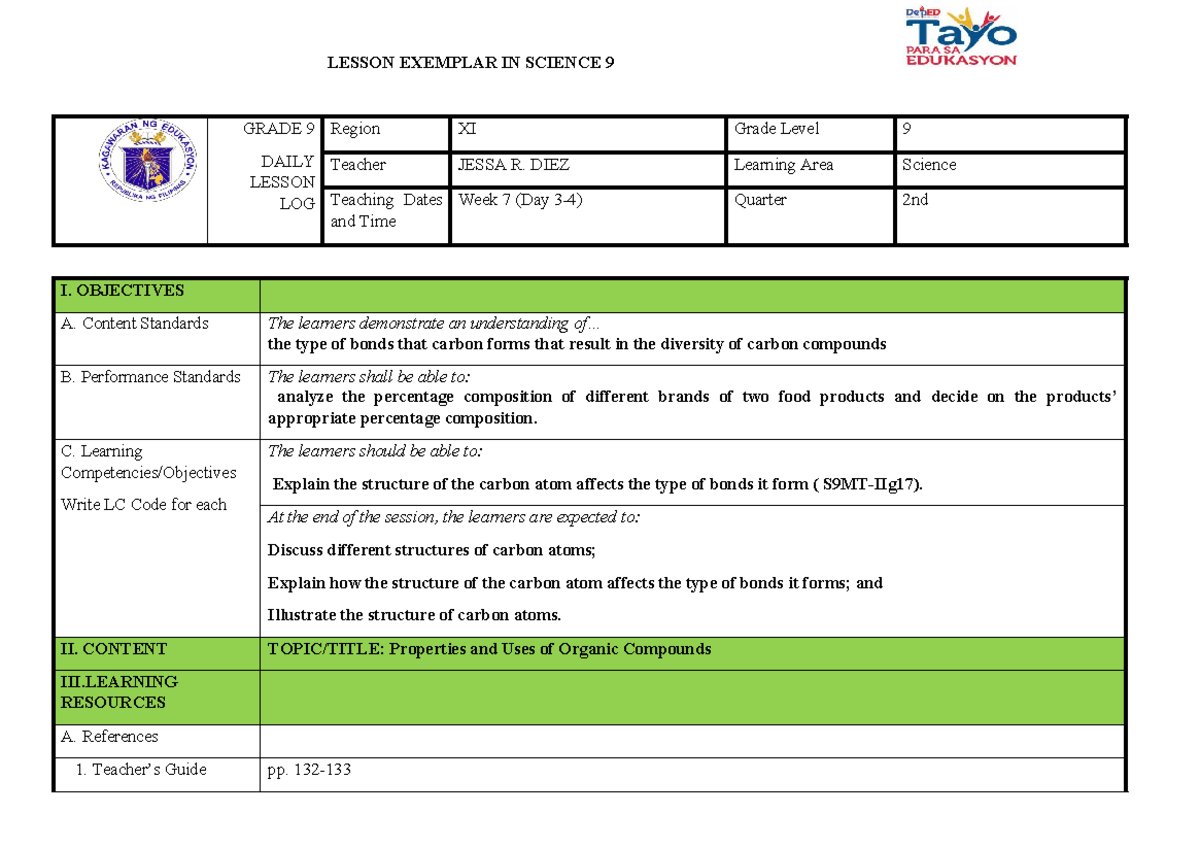 Science 9 2nd Quarter Lesson Plan: Properties of Organic Compounds ...