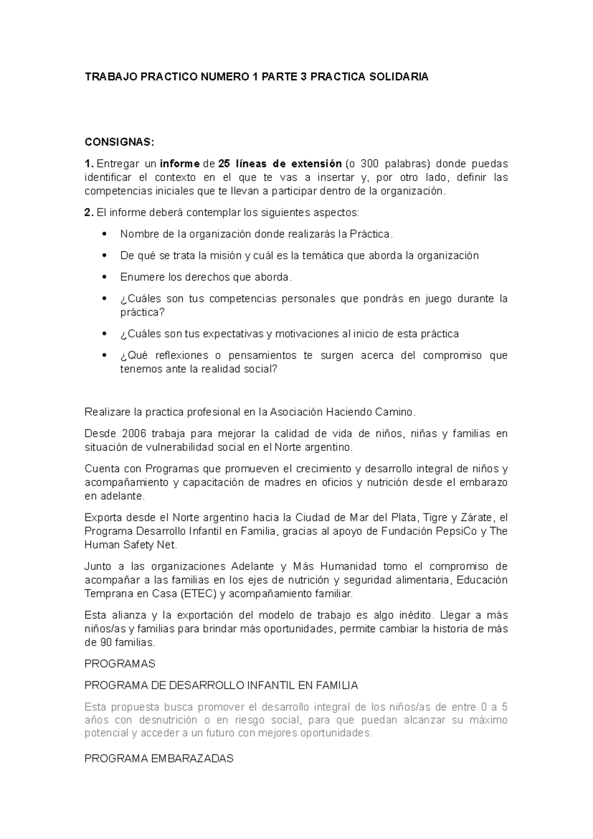 TP1 Parte 3: Informe sobre Práctica Solidaria en Haciendo Camino - Studocu