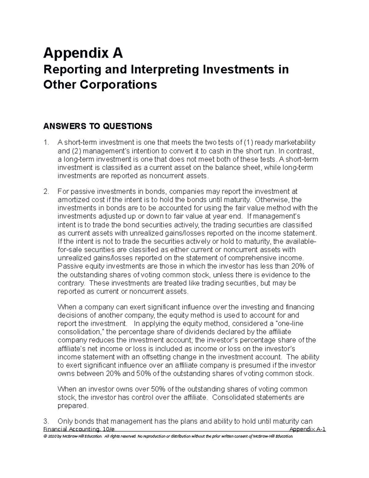 Libby 10e App A SM - Book Solution - Appendix A Reporting and Interpreting Investments in Other ...